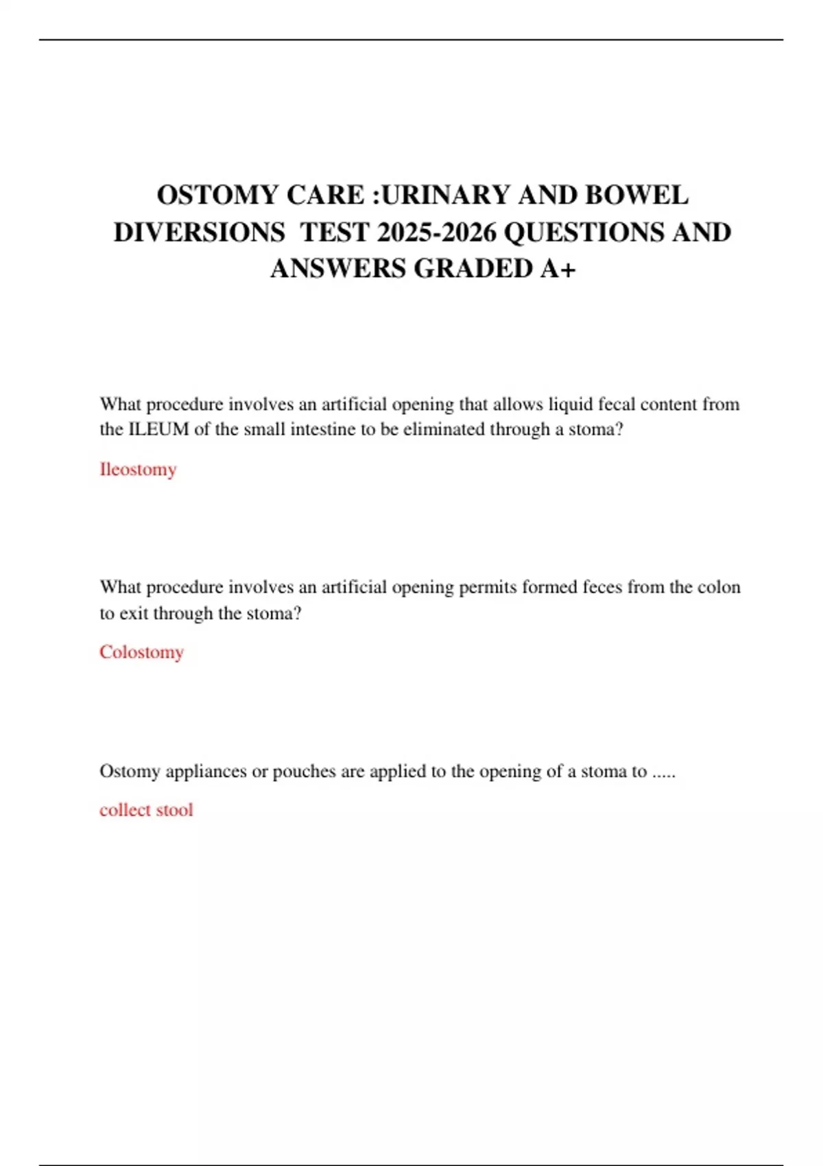 OSTOMY CARE :URINARY AND BOWEL DIVERSIONS TEST QUESTIONS AND ANSWERS ...
