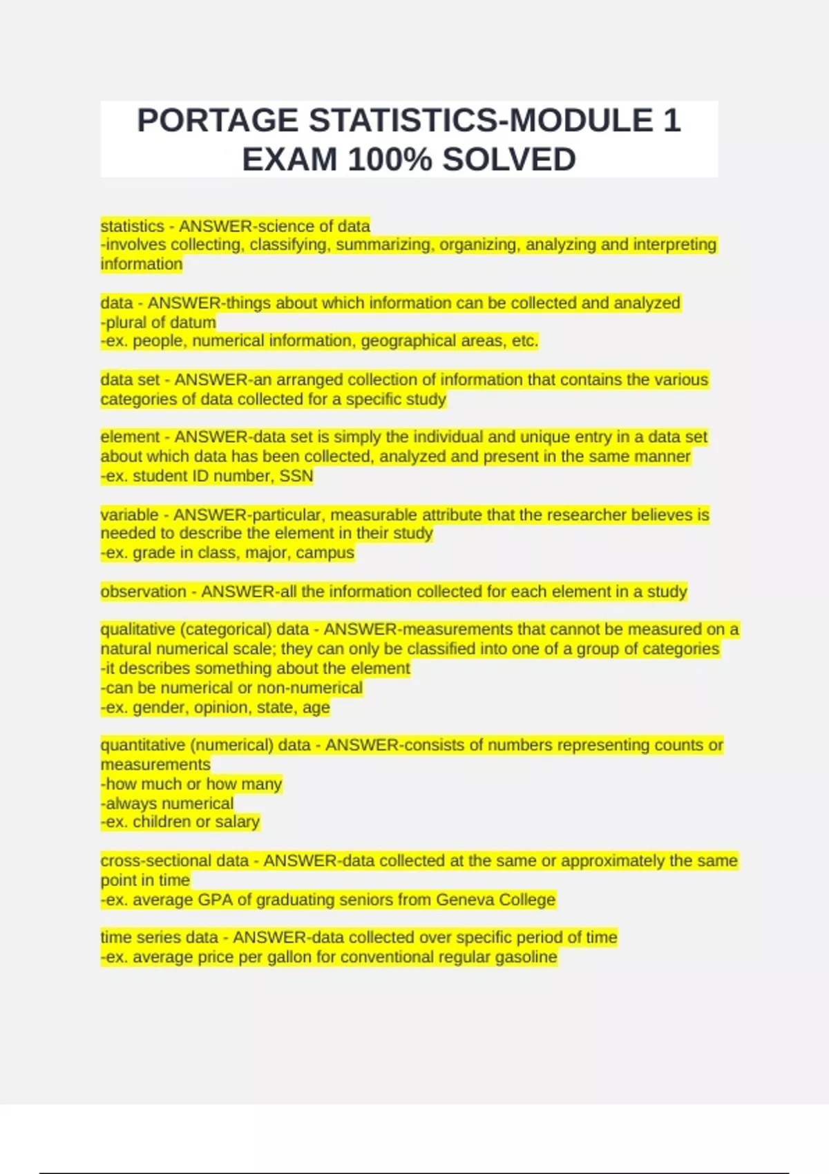 PORTAGE STATISTICS-MODULE 1 EXAM 100% SOLVED - Portage Statistics ...