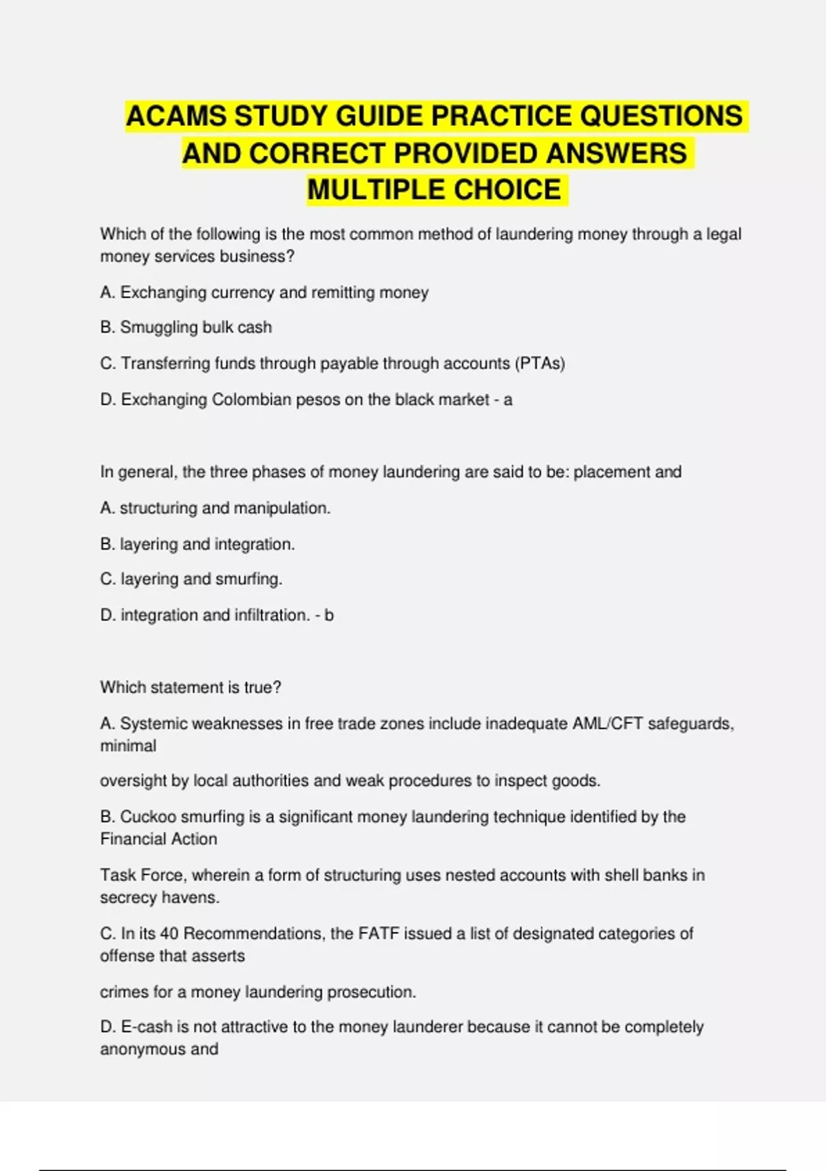 ACAMS CAMS Certification – Practice Exam Questions Study Guide 2025/ ...