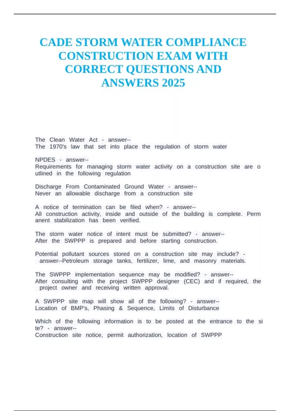 CADE STORM WATER COMPLIANCE CONSTRUCTION EXAM WITH CORRECT QUESTIONS ...