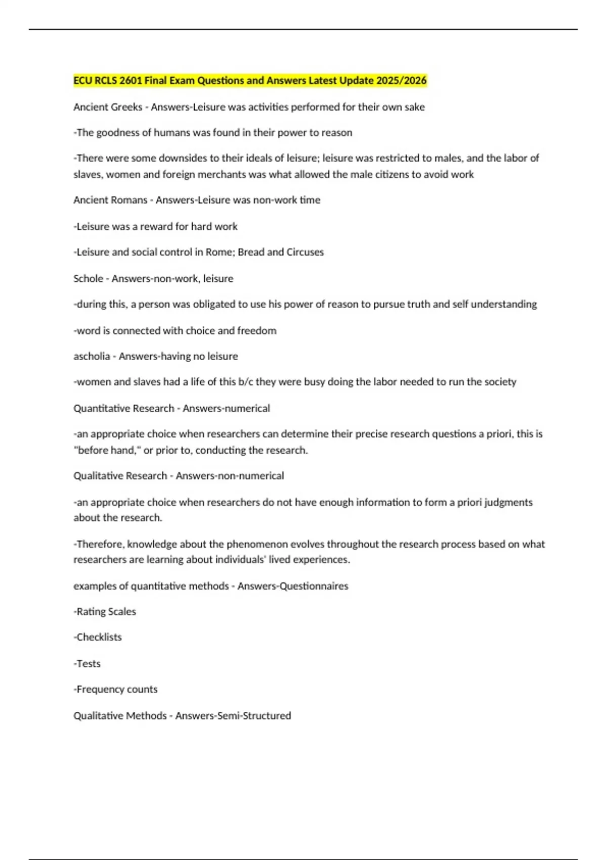 ECU RCLS 2601 Final Exam Questions and Answers Latest Update 2025/2026 ...