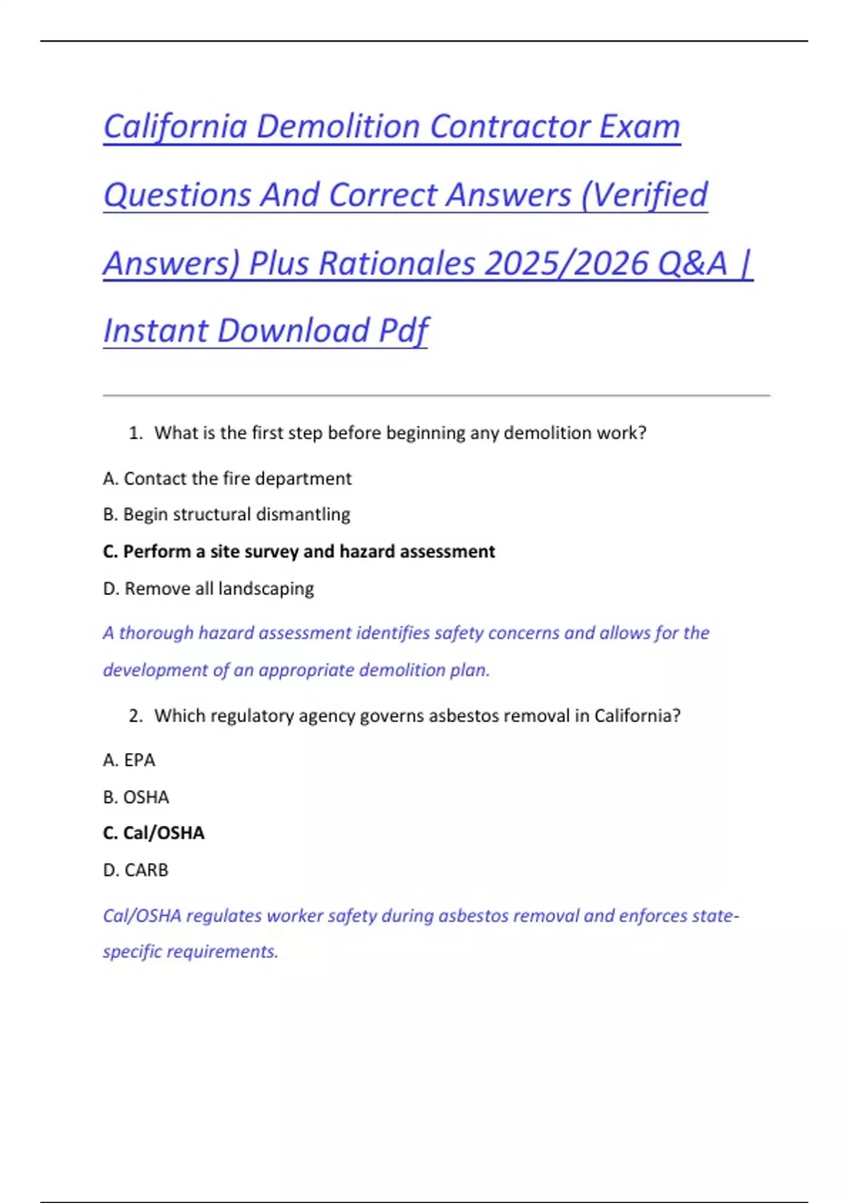 California Demolition Contractor Exam Questions And Correct Answers ...