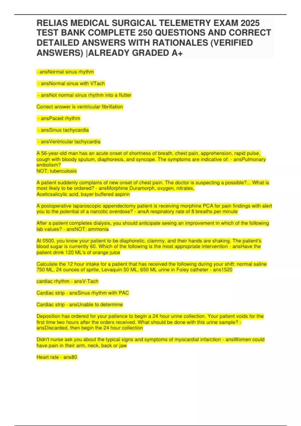 RELIAS MEDICAL SURGICAL TELEMETRY EXAM 2025 TEST BANK COMPLETE 350 ...