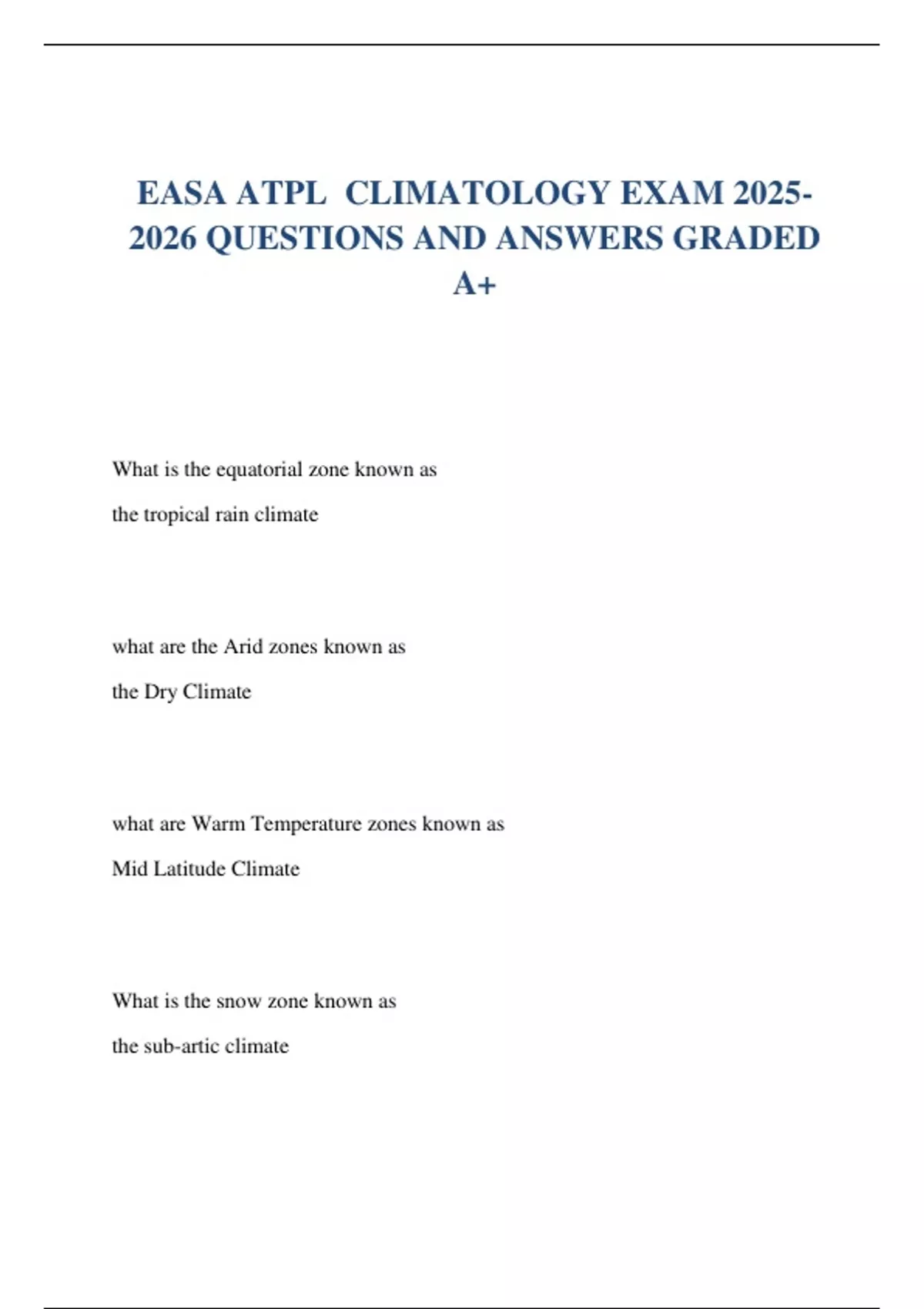 EASA ATPL CLIMATOLOGY EXAM QUESTIONS AND ANSWERS GRADED A+ - EASA ATPL ...
