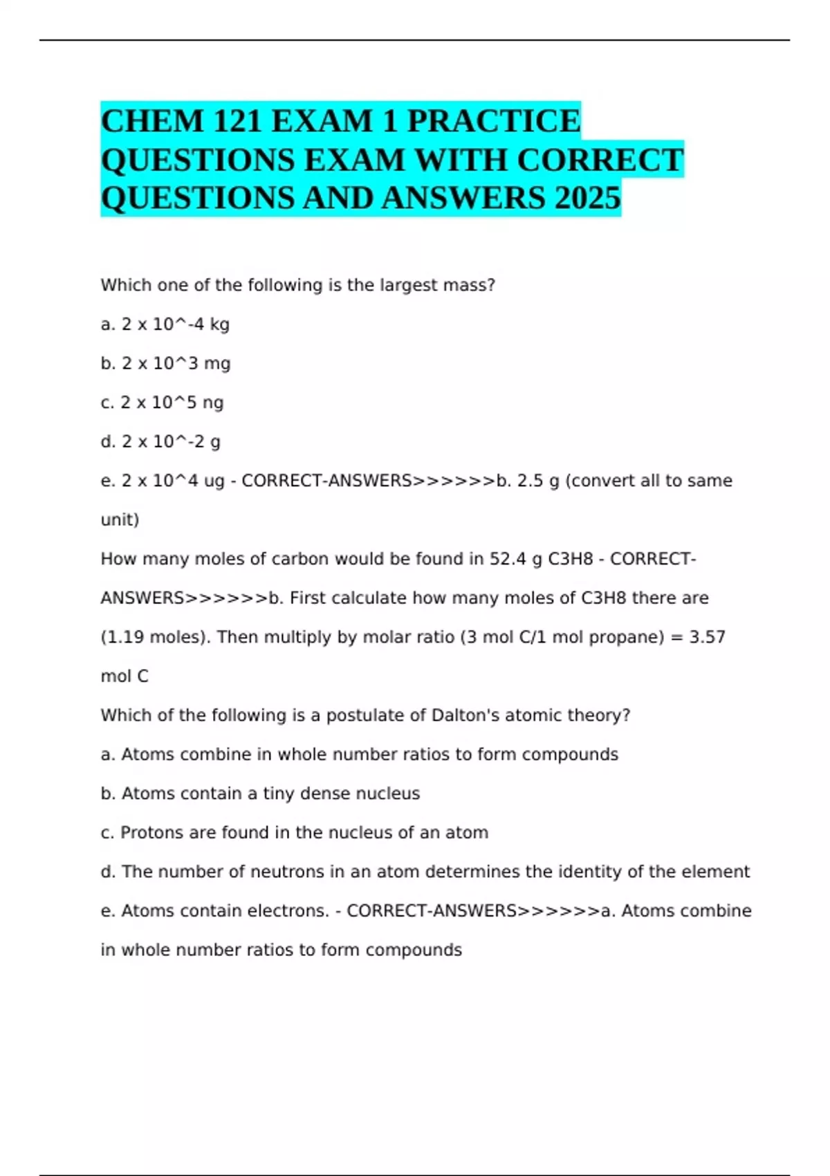 CHEM 121 EXAM 1 PRACTICE QUESTIONS EXAM WITH CORRECT QUESTIONS AND ...