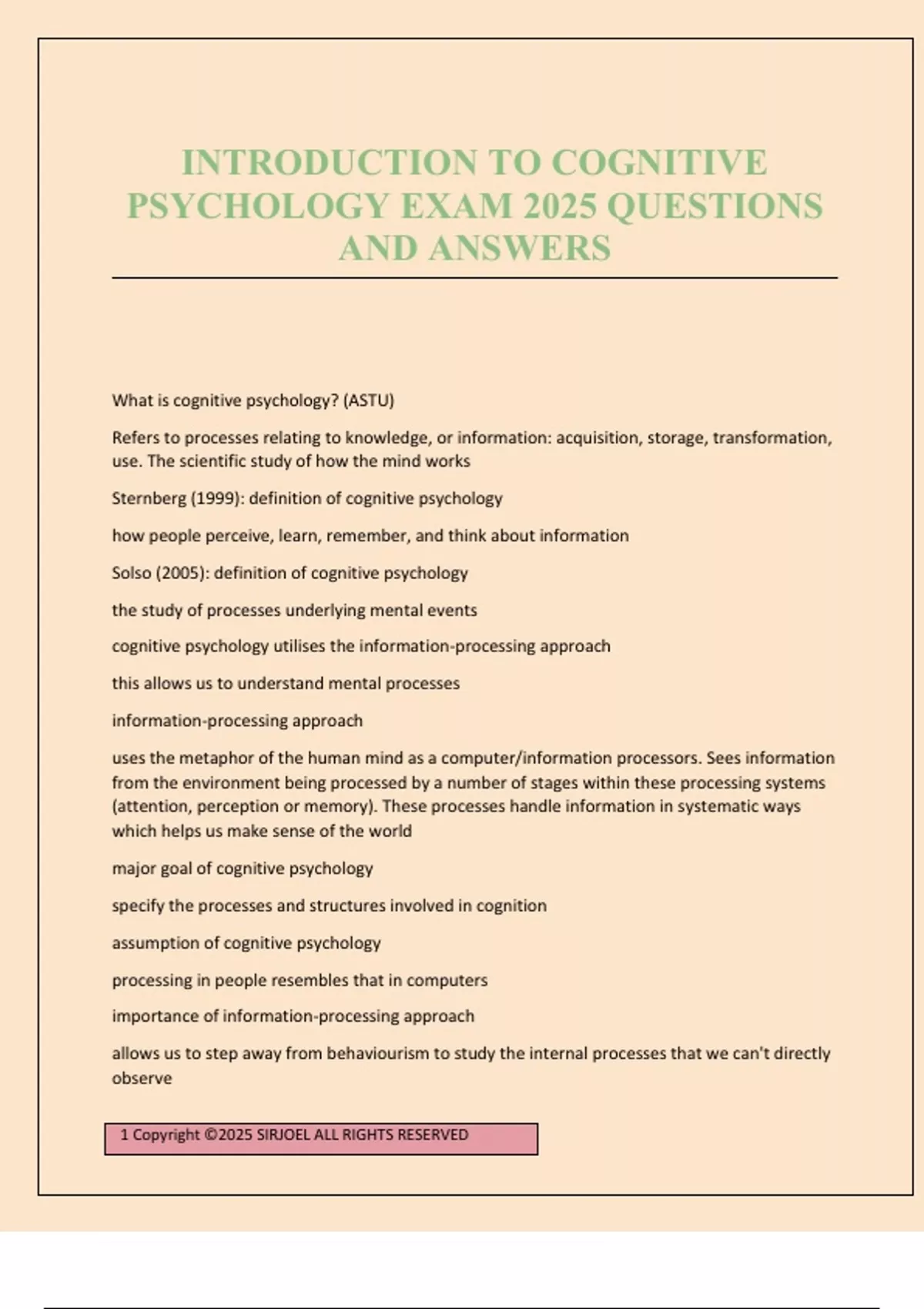 INTRODUCTION TO COGNITIVE PSYCHOLOGY EXAM 2025 QUESTIONS AND ANSWERS ...