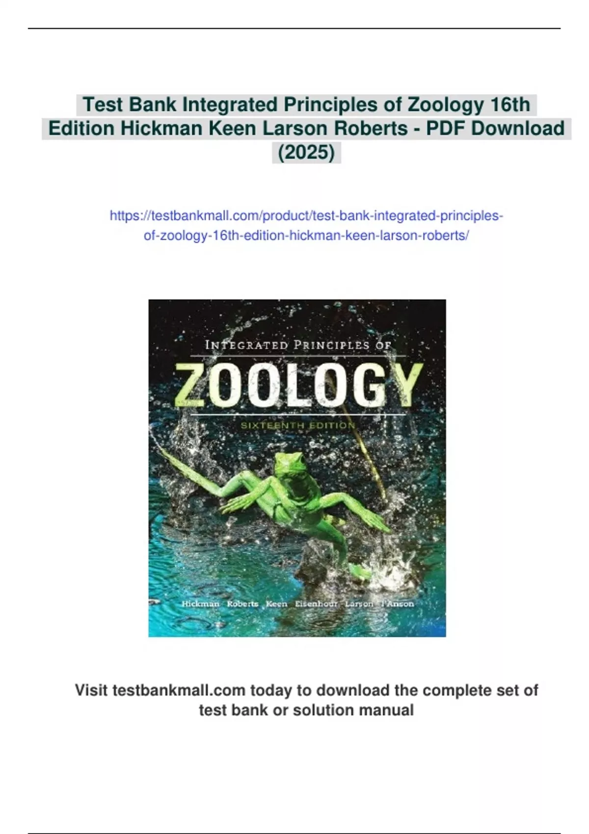 Summary Test Bank Integrated Principles of Zoology 16th Edition Hickman ...