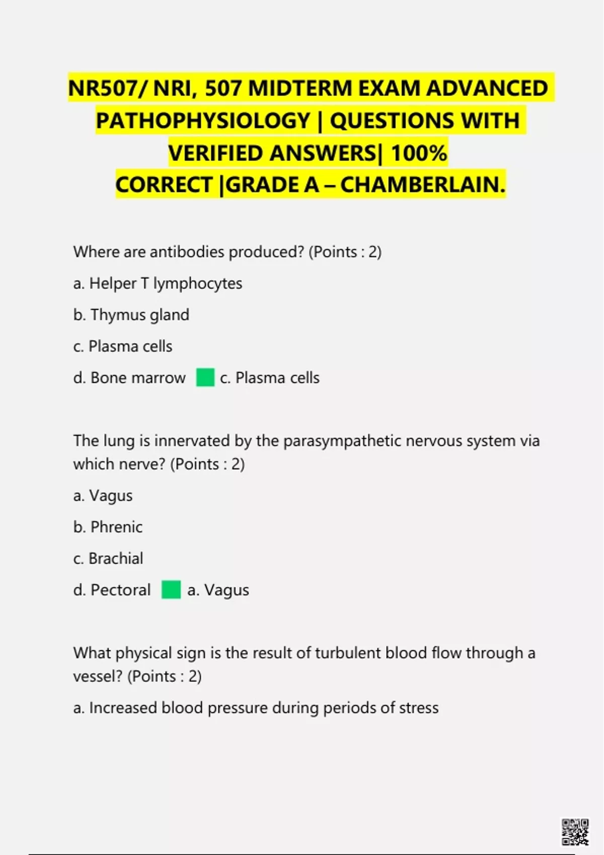 NR507 Advanced Pathophysiology Midterm Exam – Chamberlain (Graded A+ ...