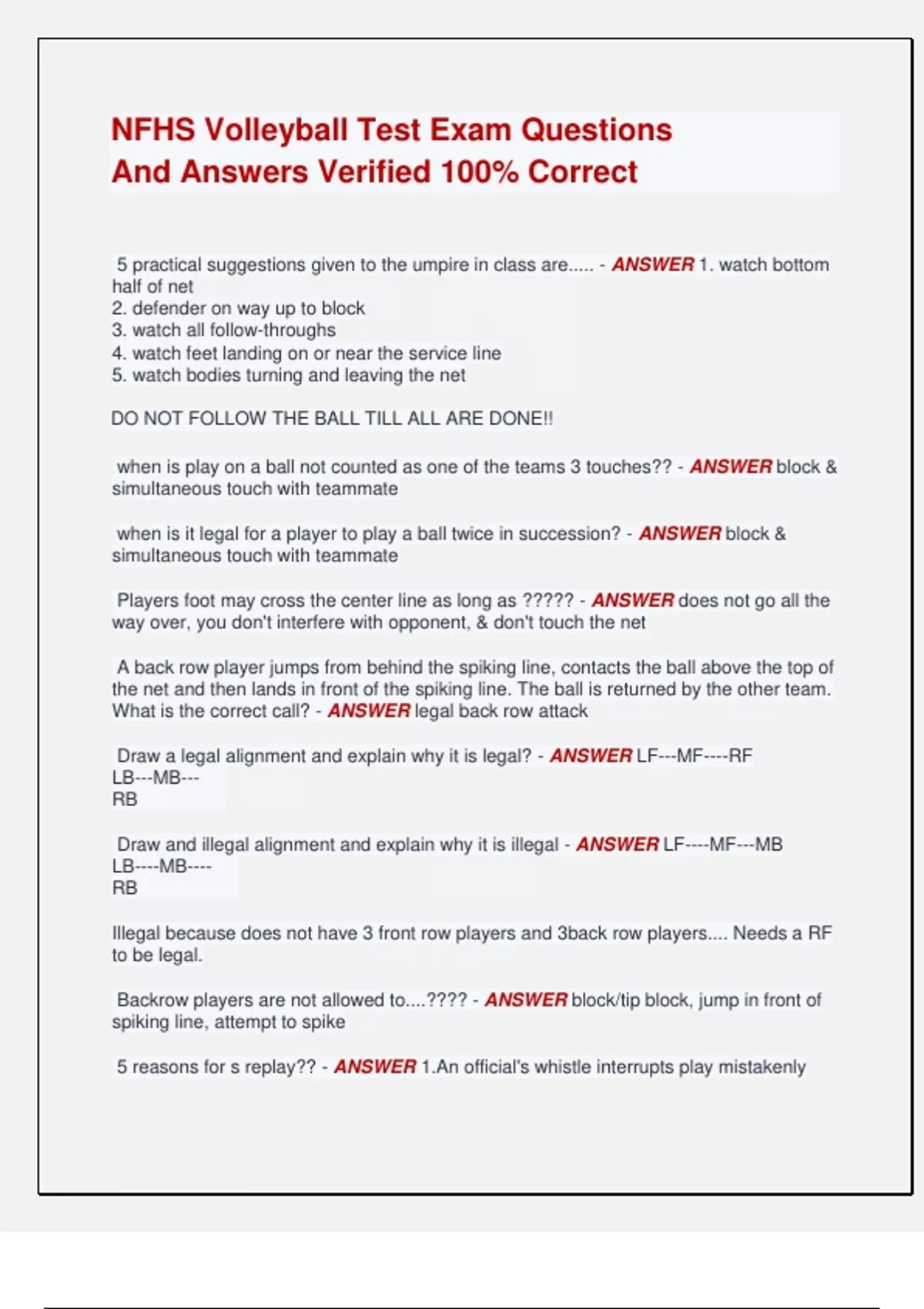 NFHS Volleyball Test Exam Questions And Answers Verified 100% Correct ...