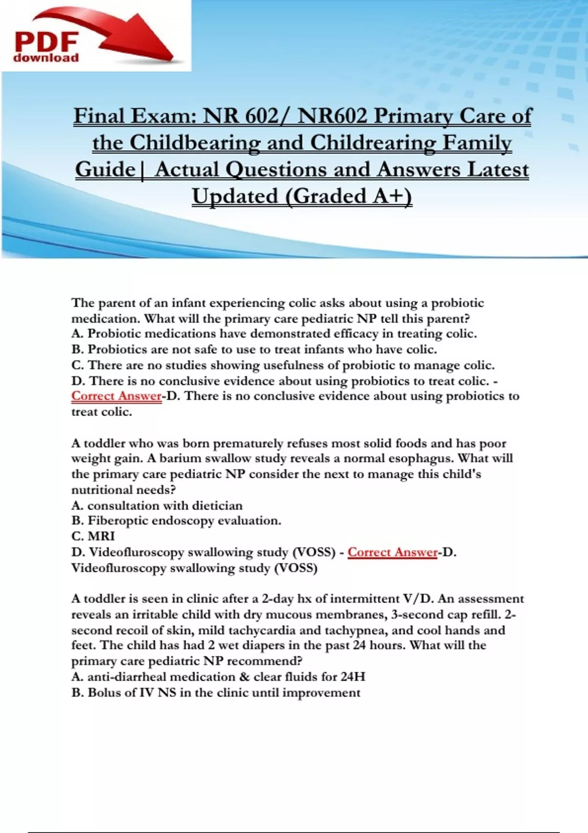 NR 602 Final Exam 2025/2026 | Primary Care of Childbearing & Childrearing Family | Actual ...