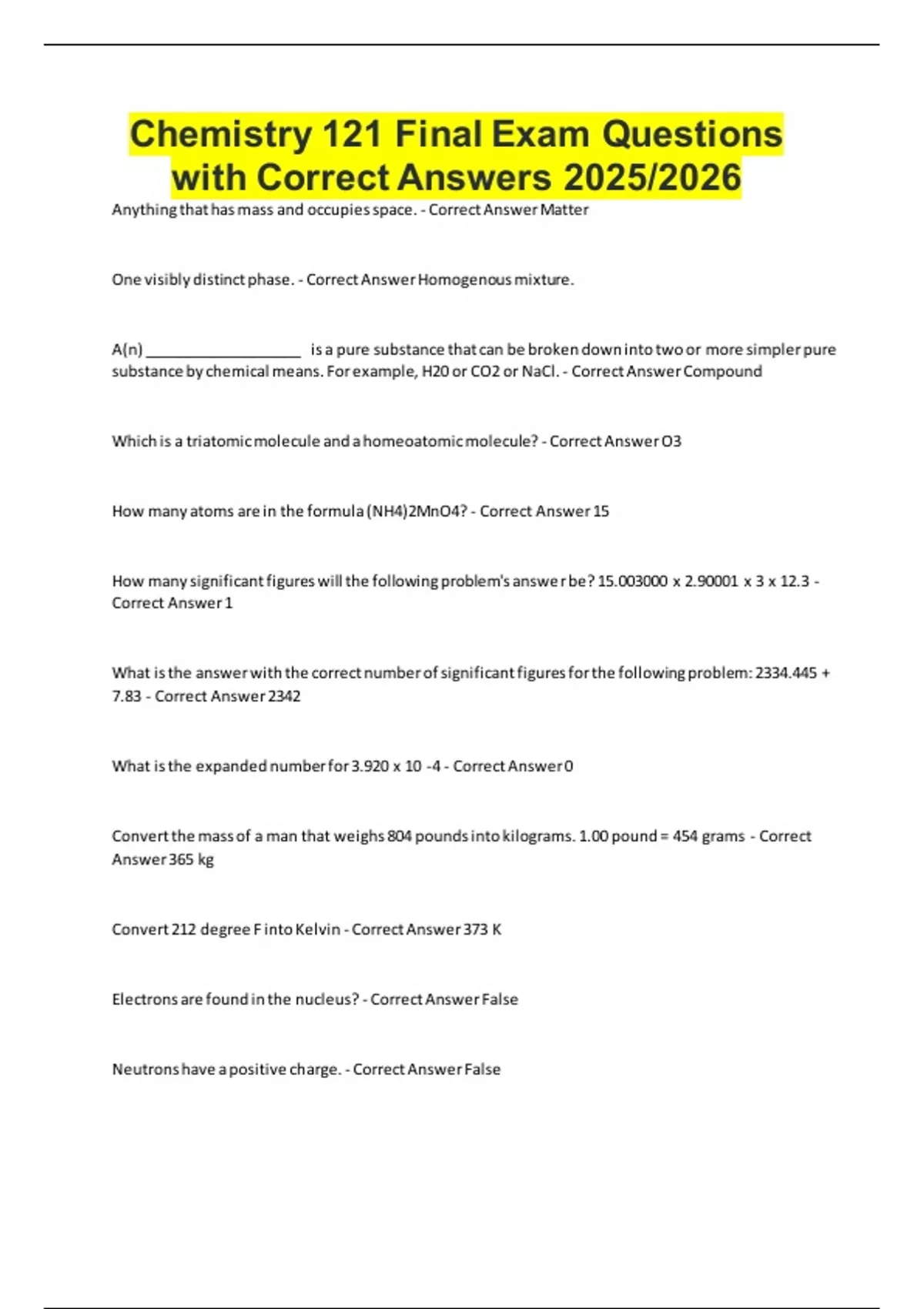 Chemistry 121 Final Exam Questions with Correct Answers 2025/2026 ...