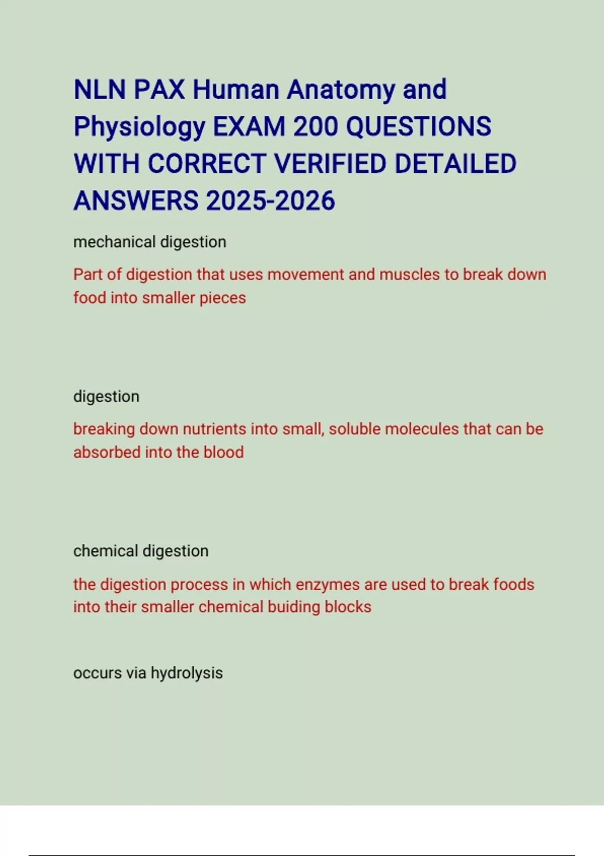 NLN PAX Human Anatomy and Physiology EXAM 200 QUESTIONS WITH CORRECT ...