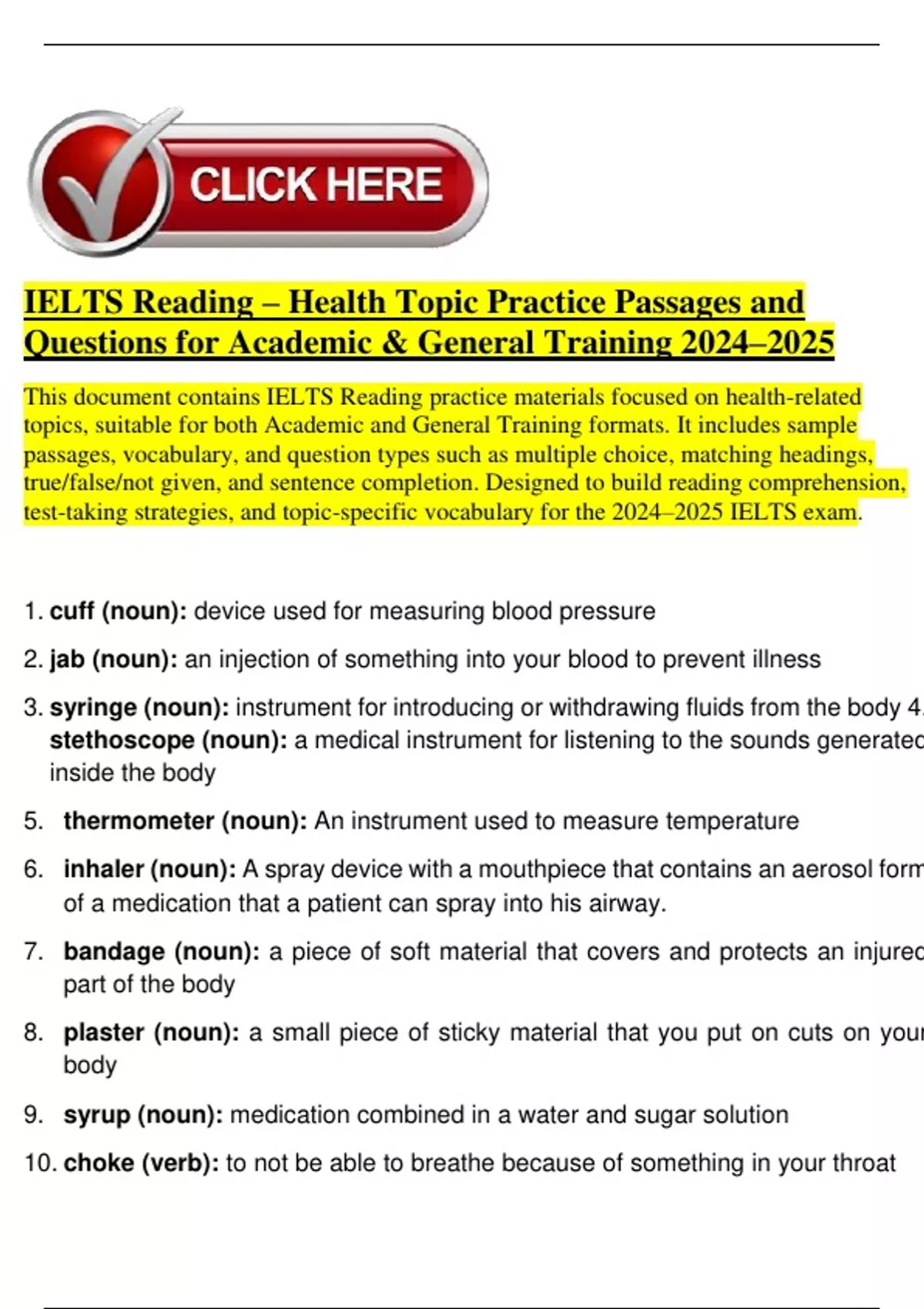 IELTS Reading – Health Topic Practice Passages and Questions for ...