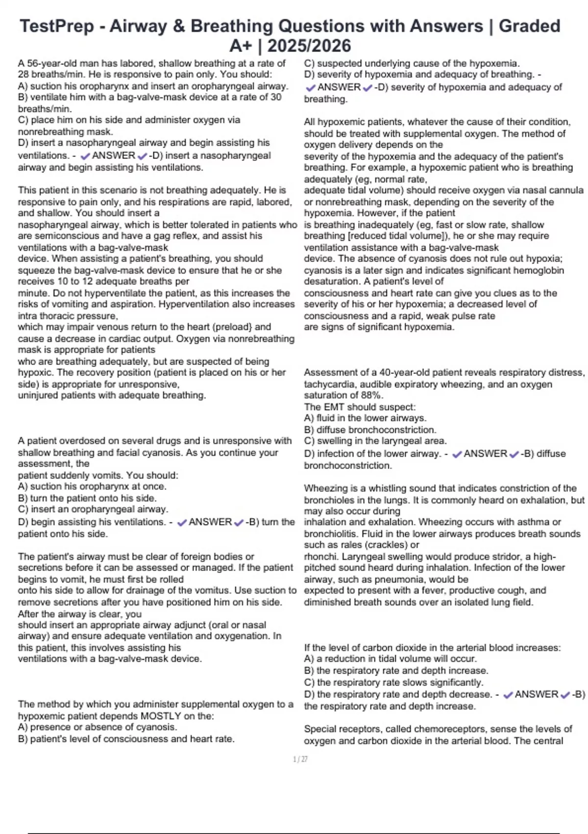 TestPrep - Airway & Breathing Questions with Answers | Graded A+ | 2025 ...