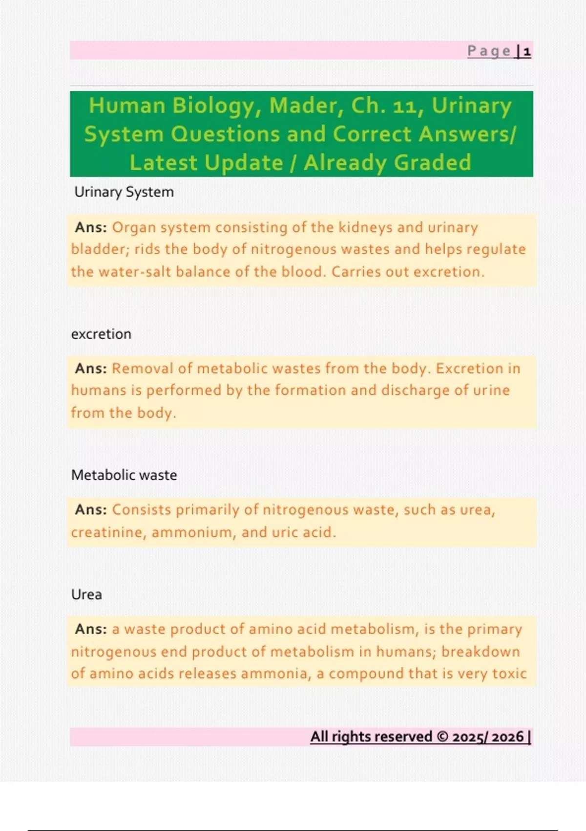 Human Biology, Mader, Ch. 11, Urinary System Questions and Correct ...