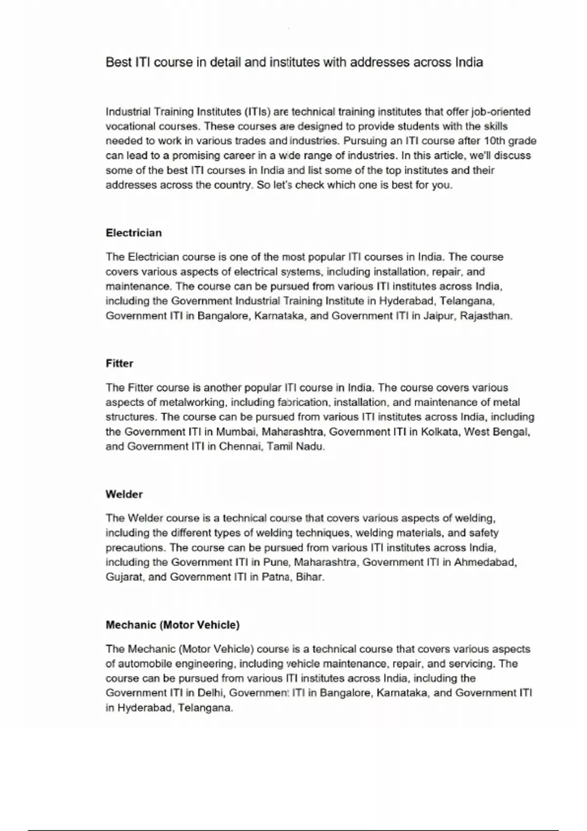 Best ITI Course in Detail and Institutes with Addresses across India ...