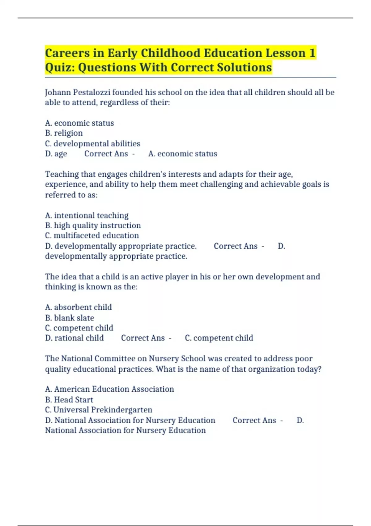 Careers in Early Childhood Education Lesson 1 Quiz: Questions With ...