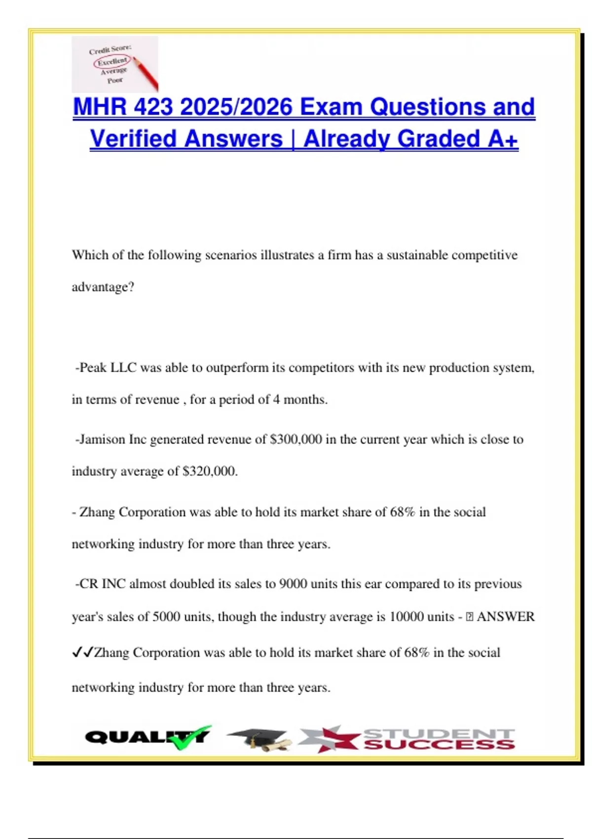 MHR 423 Strategic Management Exam 2025/2026 – 90+ Verified Questions ...