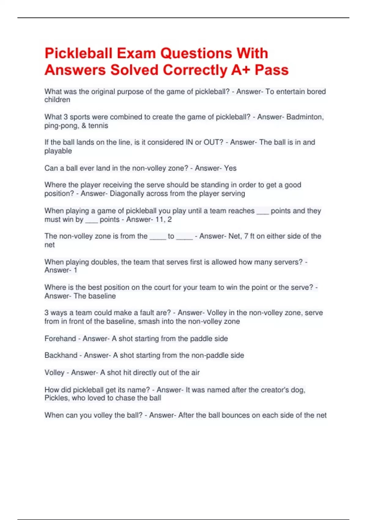Pickleball Exam Questions With Answers Solved Correctly A+ Pass ...