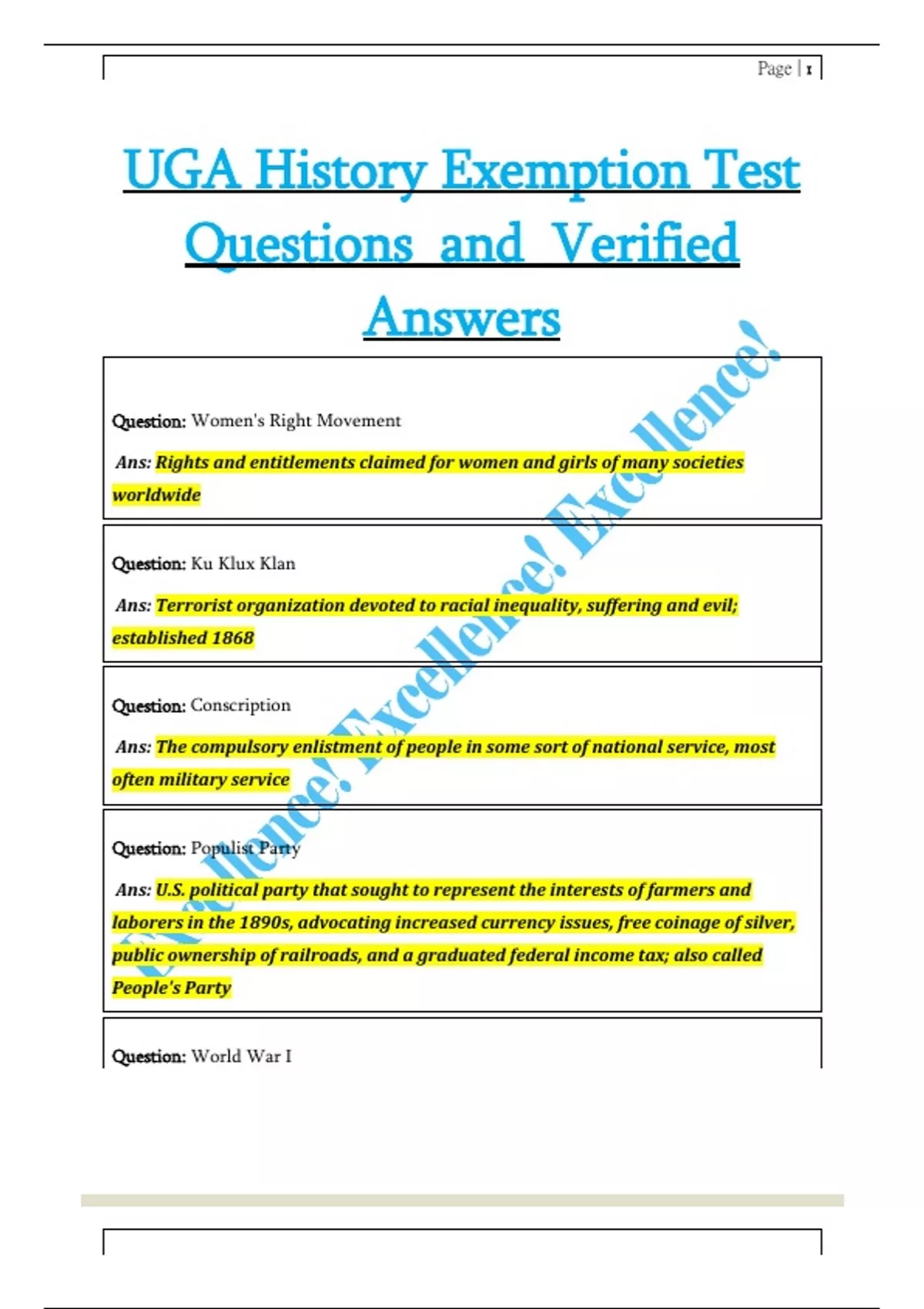 UGA History Exemption Test Questions and Verified Answers - UGA History ...
