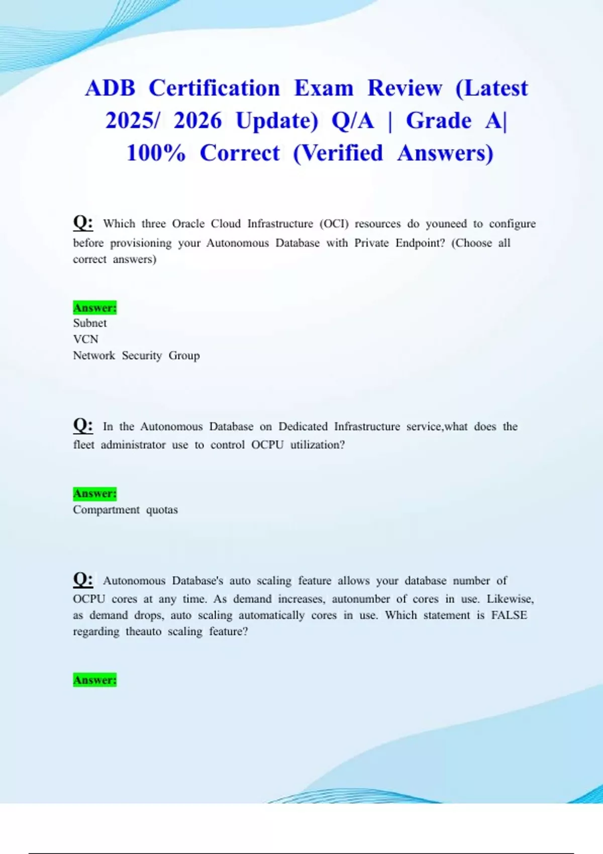 ADB Certification Exam Review (Latest 2025/ 2026 Update) Q/A | Grade A ...