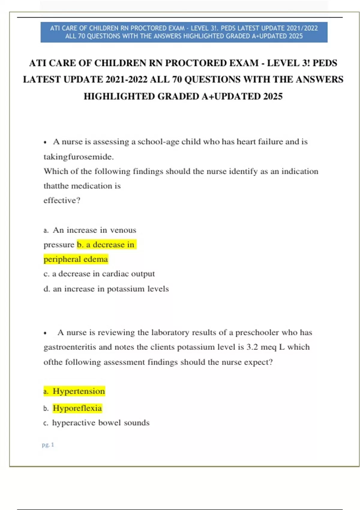 ATI CARE OF CHILDREN RN PROCTORED EXAM - LEVEL 3! PEDS LATEST UPDATE ...