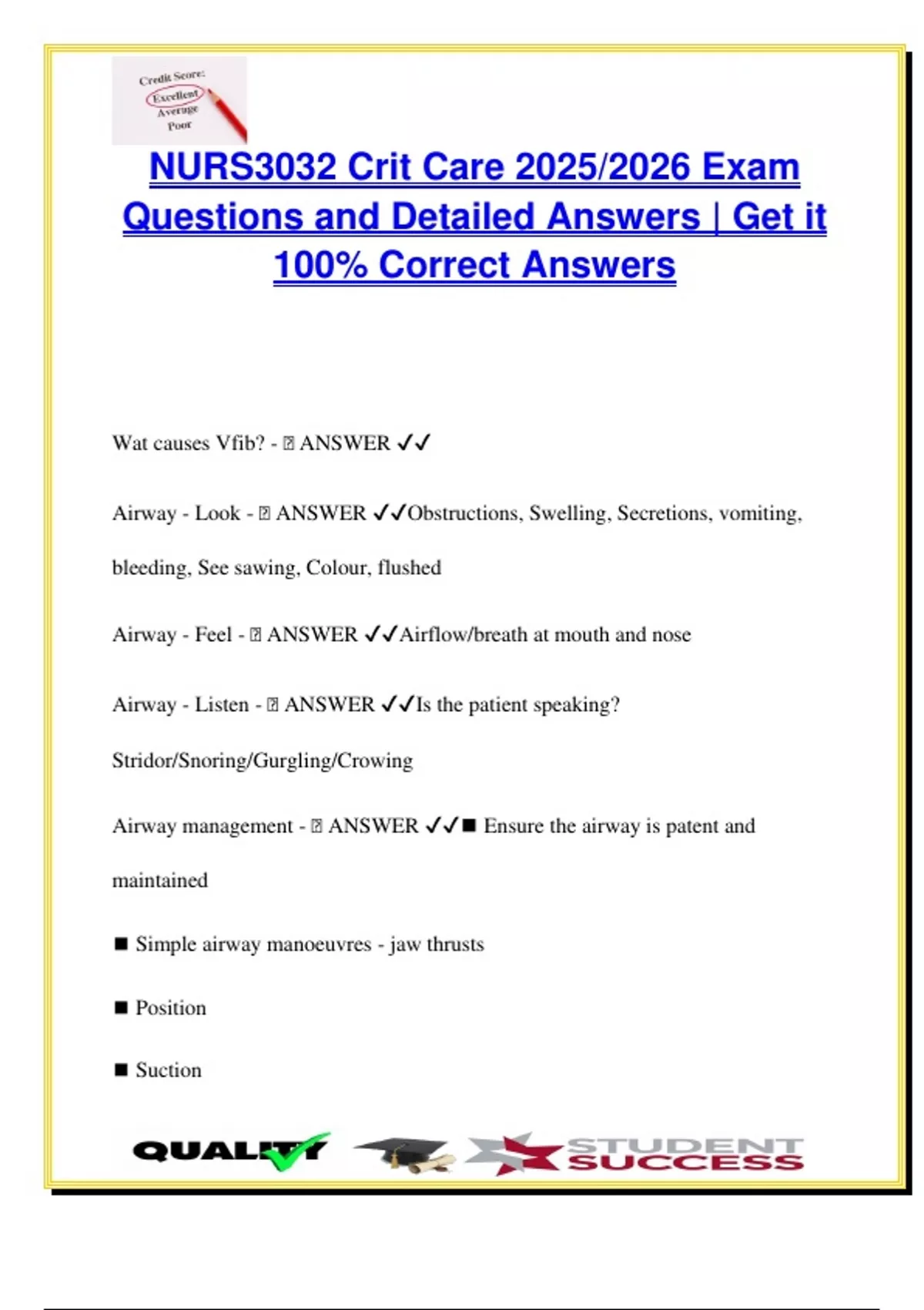 NURS 3032 – Critical Care Nursing Exam Guide 2025/2026 | 100+ Verified ...