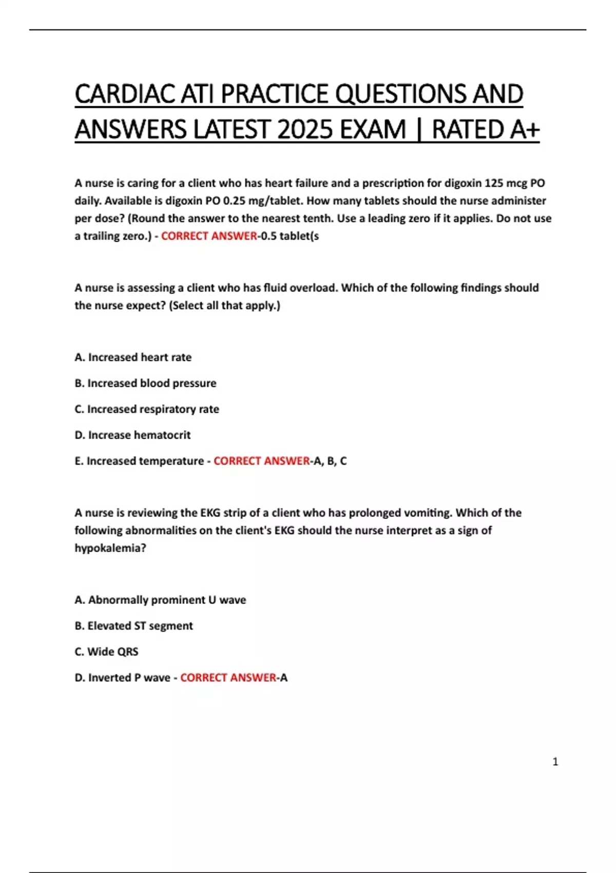 CARDIAC ATI PRACTICE QUESTIONS AND ANSWERS LATEST 2025 EXAM | RATED A+ ...