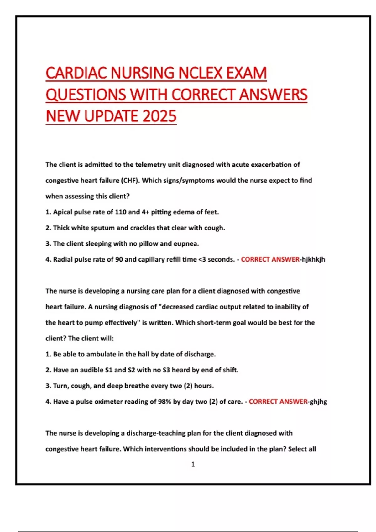 CARDIAC NURSING NCLEX EXAM QUESTIONS WITH CORRECT ANSWERS NEW UPDATE ...
