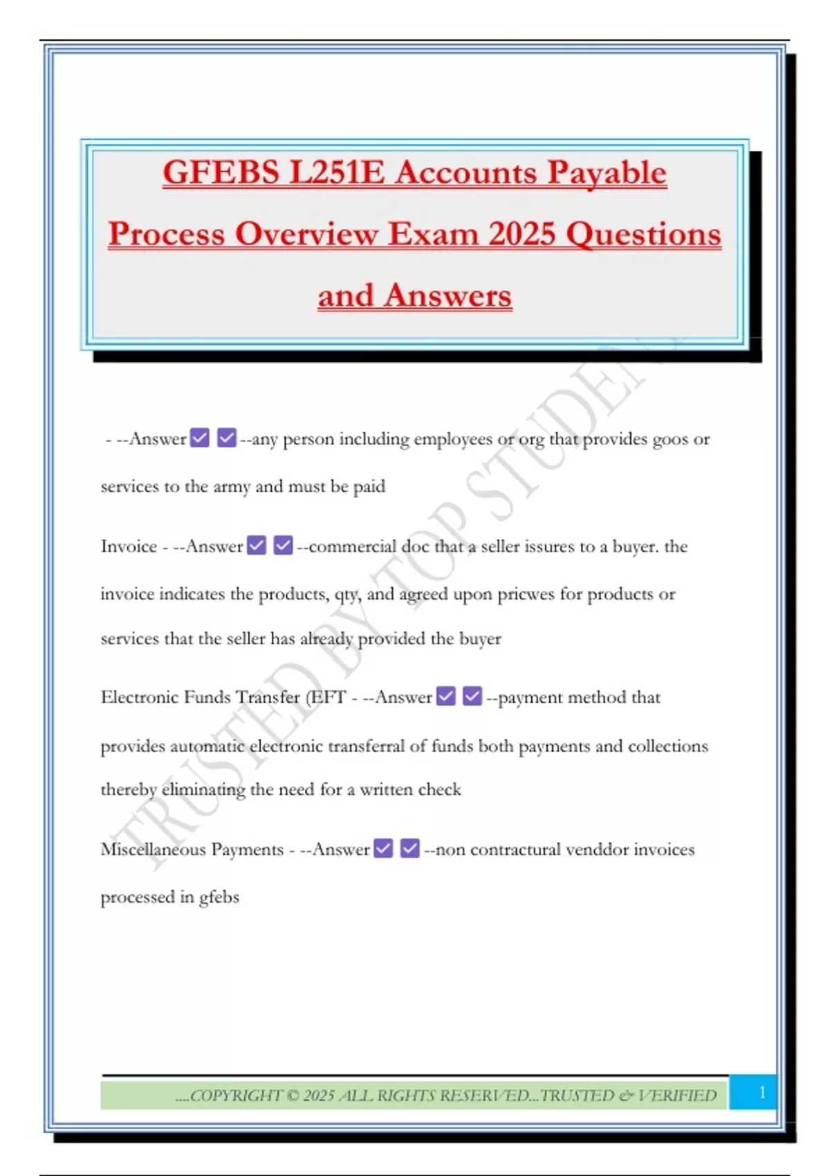 GFEBS L251E Accounts Payable Process Overview Exam 2025 Questions and ...
