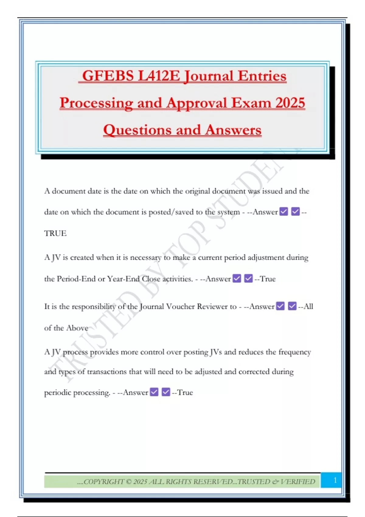 GFEBS L412E Journal Entries Processing and Approval Exam 2025 Questions ...