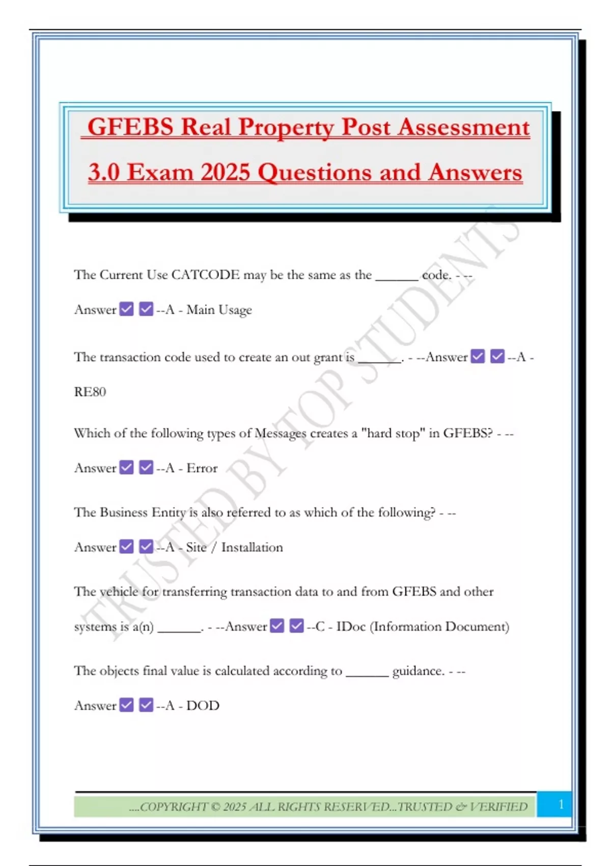 GFEBS Real Property Post Assessment 3.0 Exam 2025 Questions and Answers ...