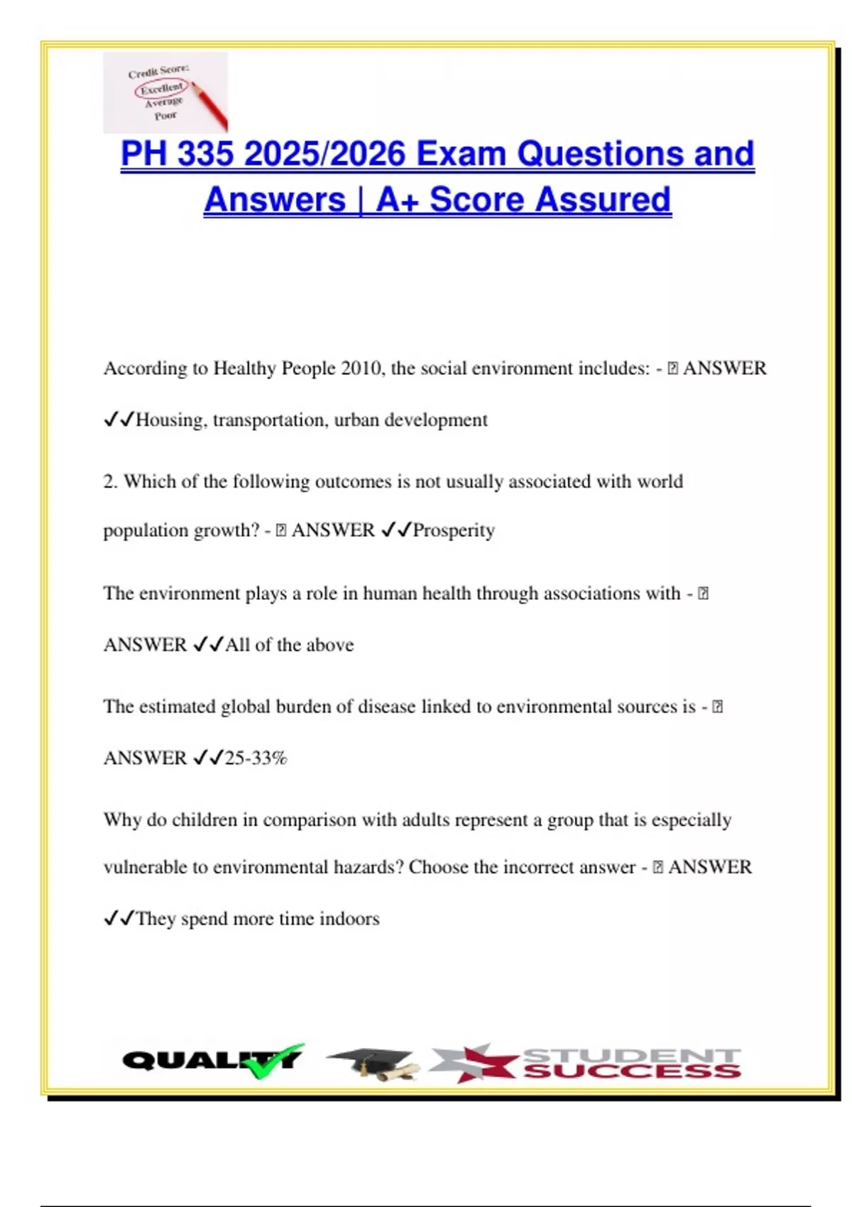 PH 335 – Environmental & Public Health Final Exam Guide 2025/2026 | 100 ...