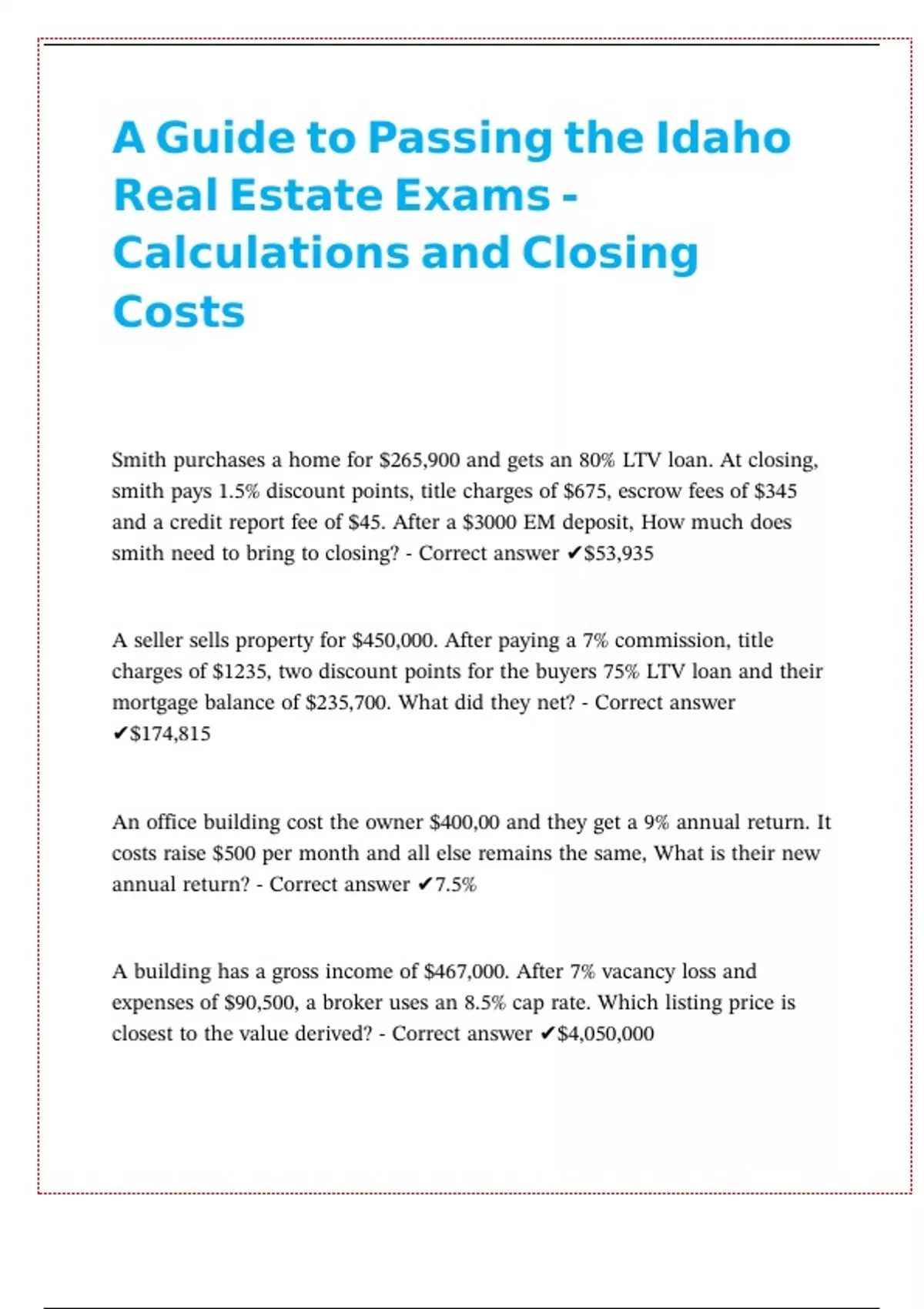 A Guide to Passing the Idaho Real Estate Exams - Calculations and ...
