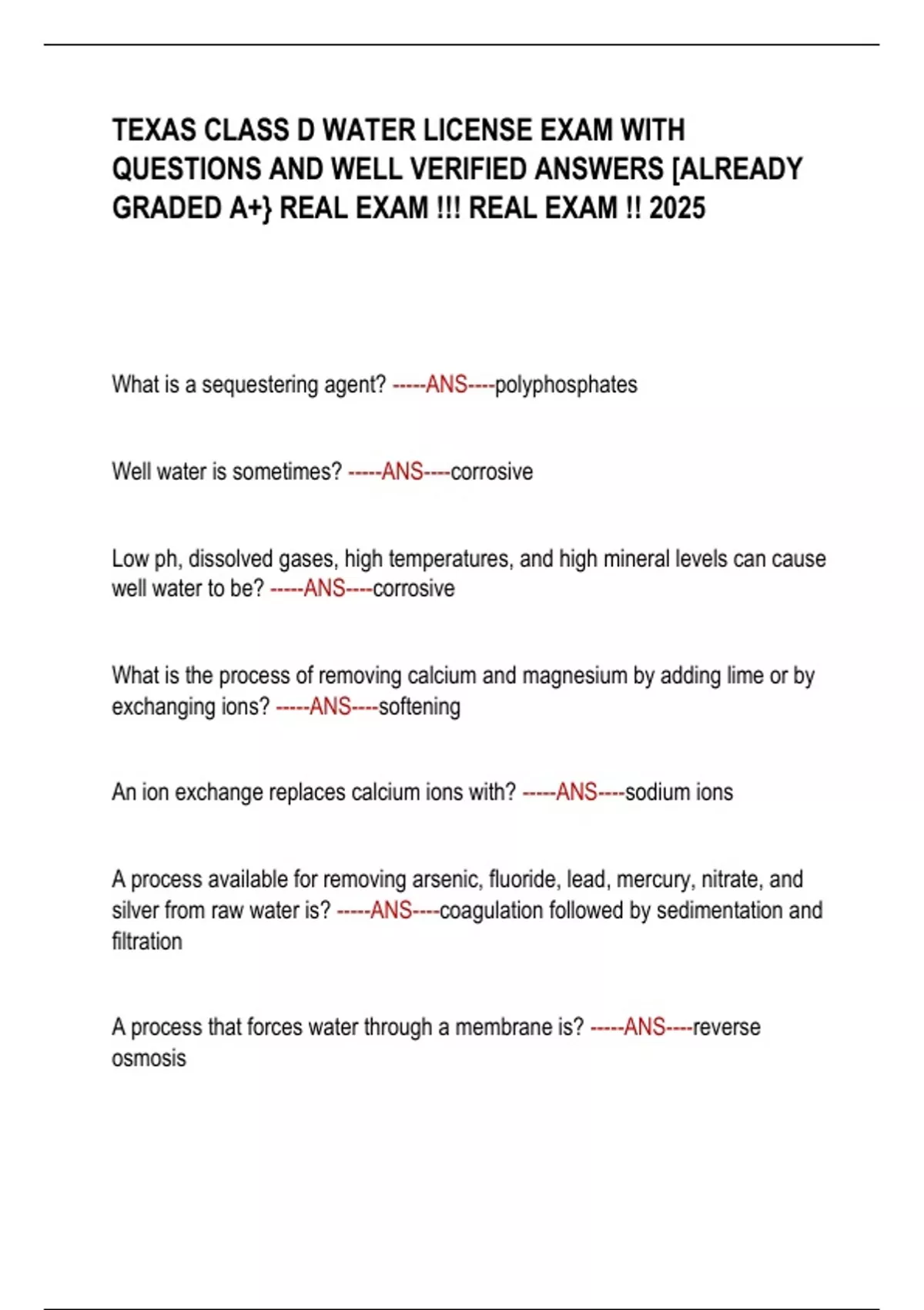 TEXAS CLASS D WATER LICENSE EXAM WITH QUESTIONS AND WELL VERIFIED ...