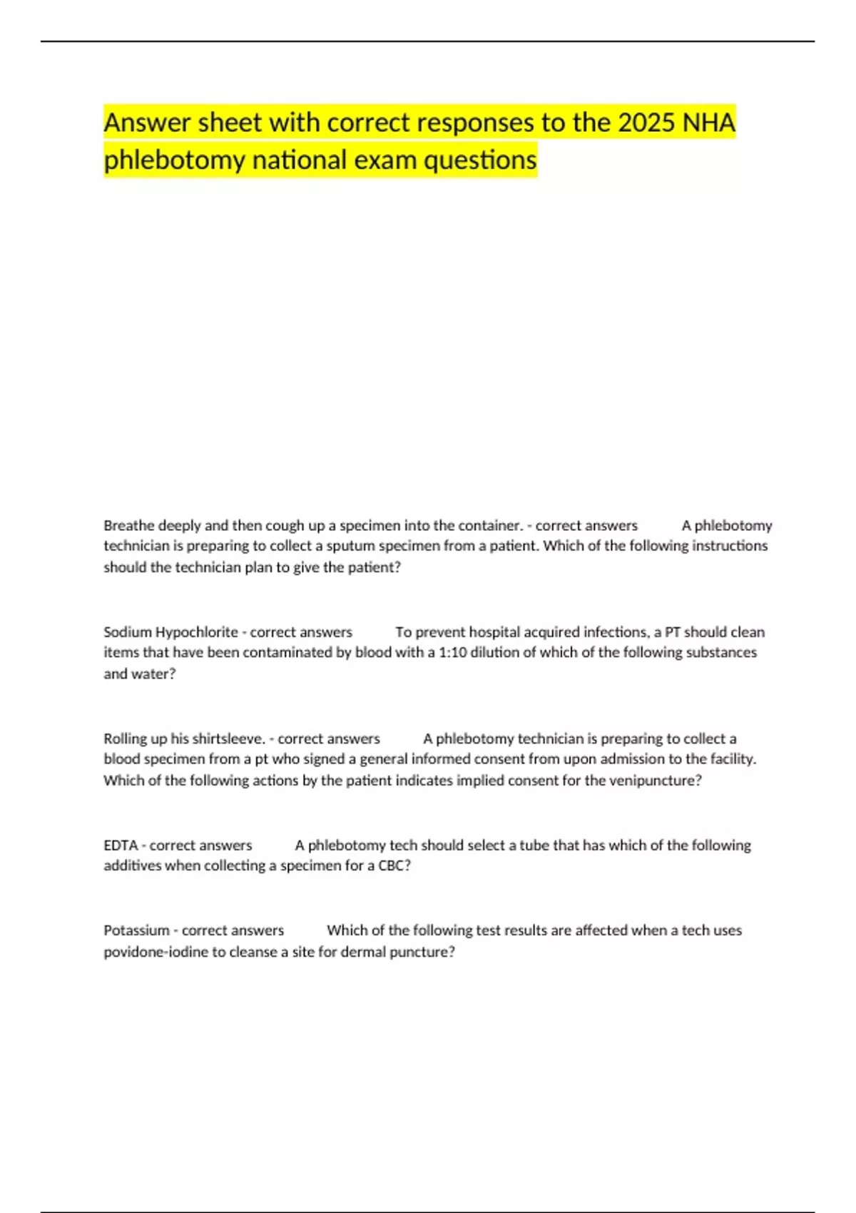 Answer sheet with correct responses to the 2025 NHA phlebotomy national ...