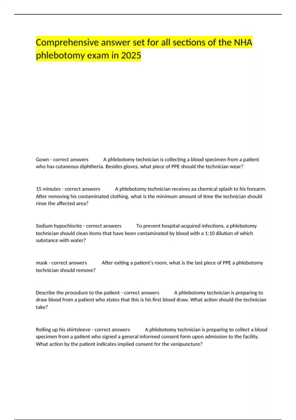 Comprehensive answer set for all sections of the NHA phlebotomy exam in ...