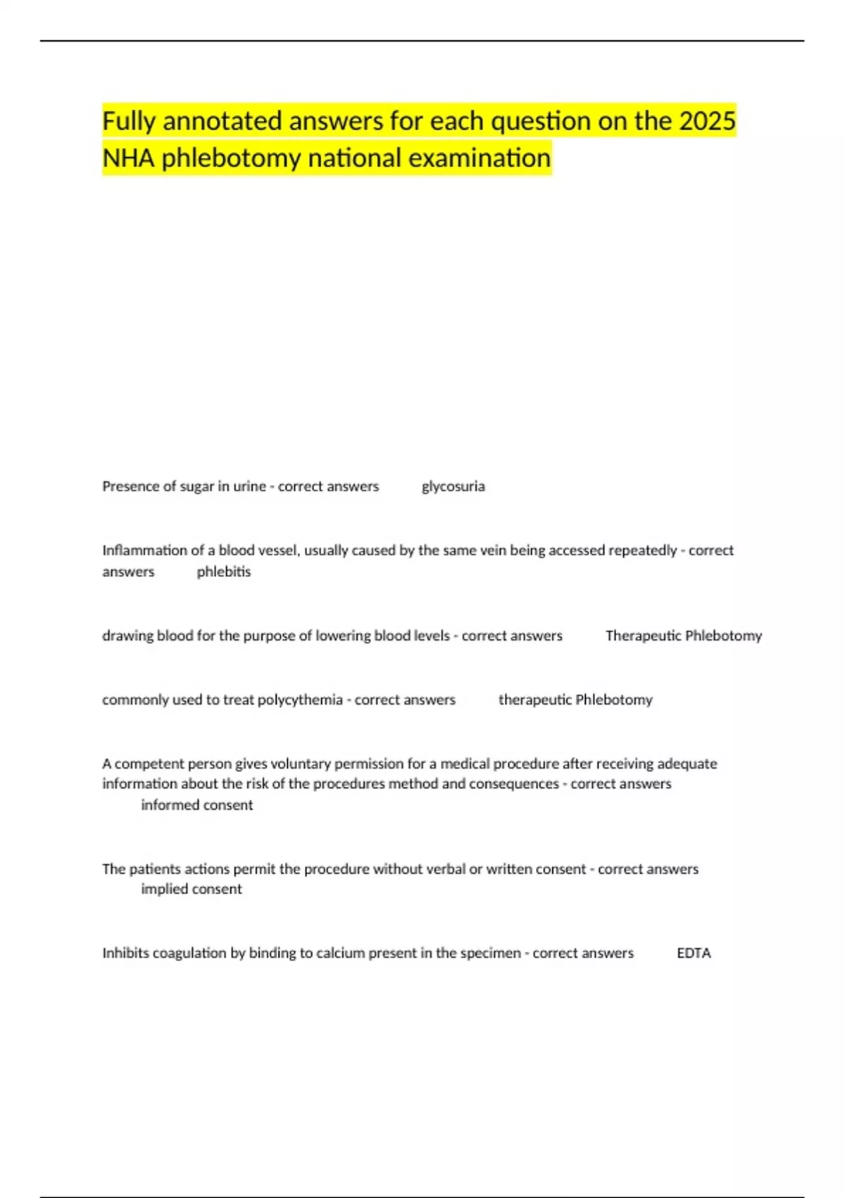 Fully annotated answers for each question on the 2025 NHA phlebotomy ...
