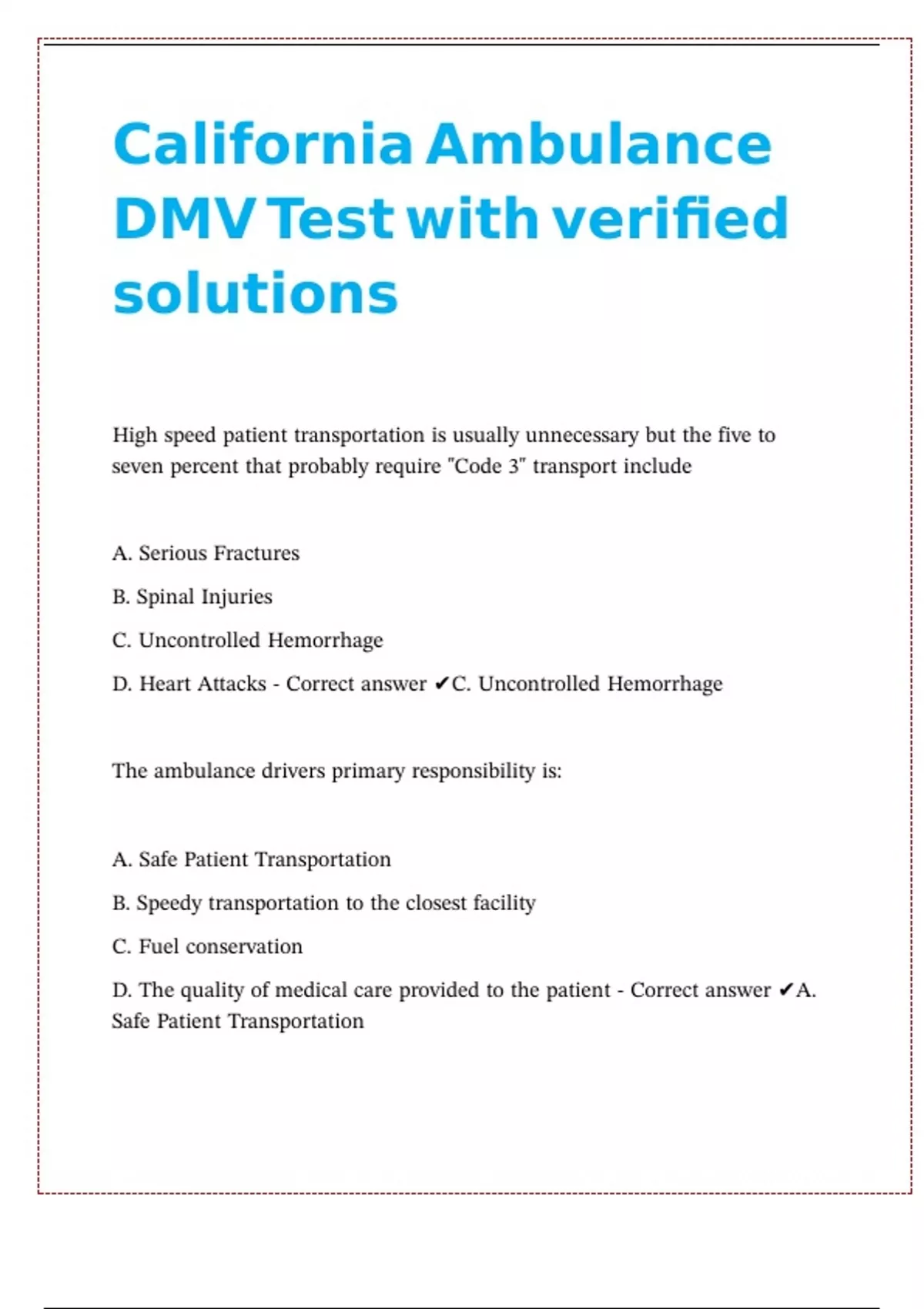 California DMV Ambulance Certificate Test with verified solutions ...