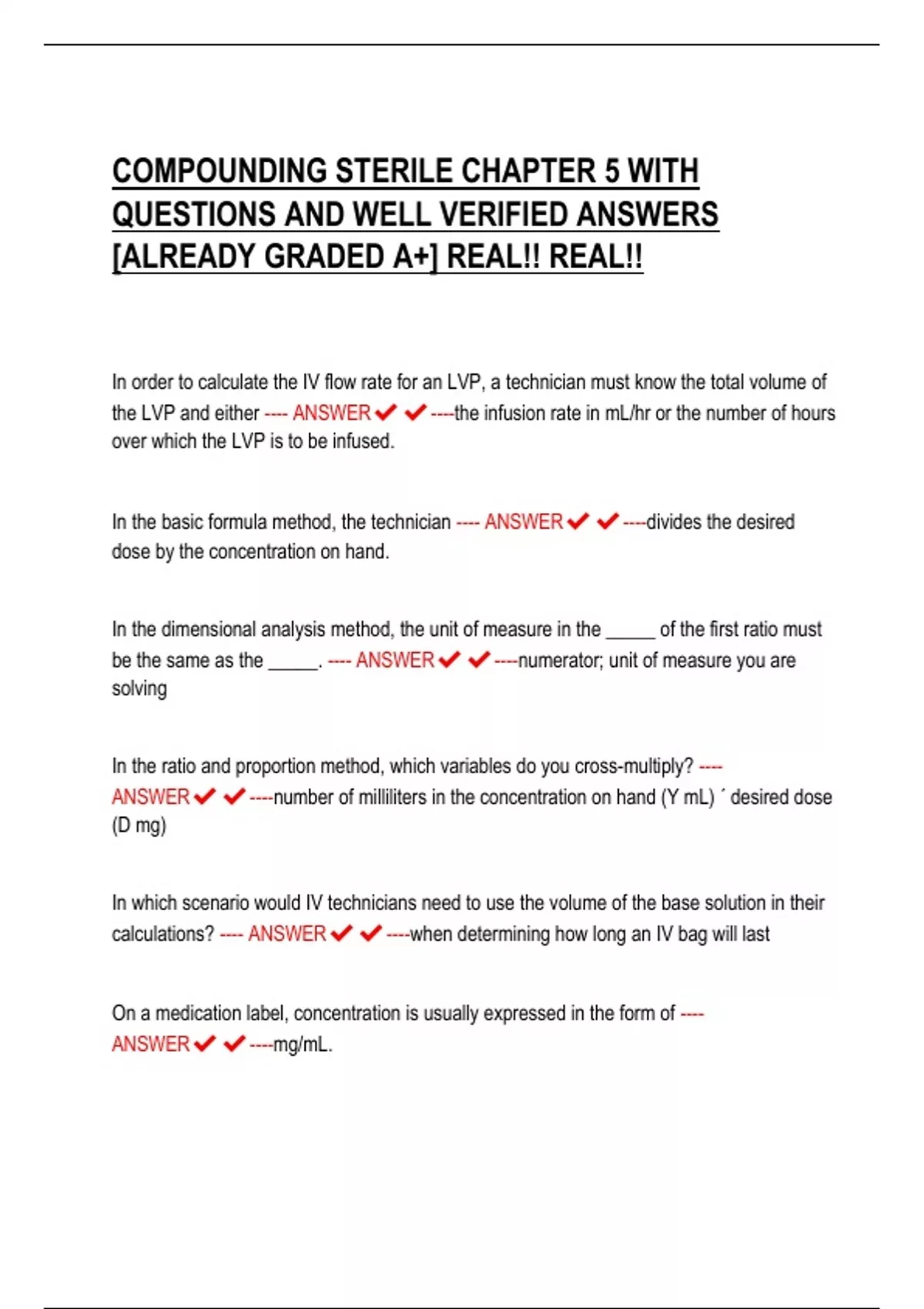 COMPOUNDING STERILE CHAPTER 5 WITH QUESTIONS AND WELL VERIFIED ANSWERS ...