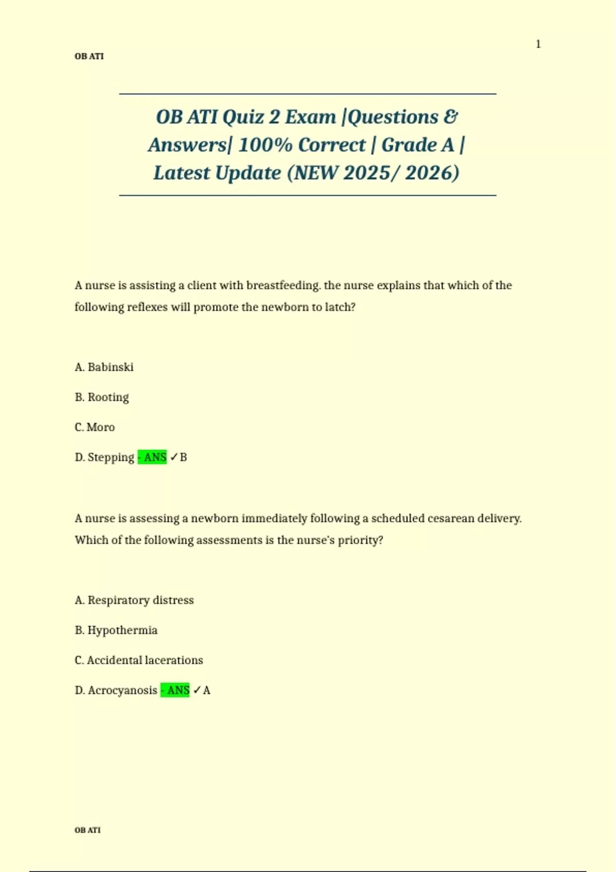 OB ATI Quiz 2 Exam |Questions & Answers| 100% Correct | Grade A ...