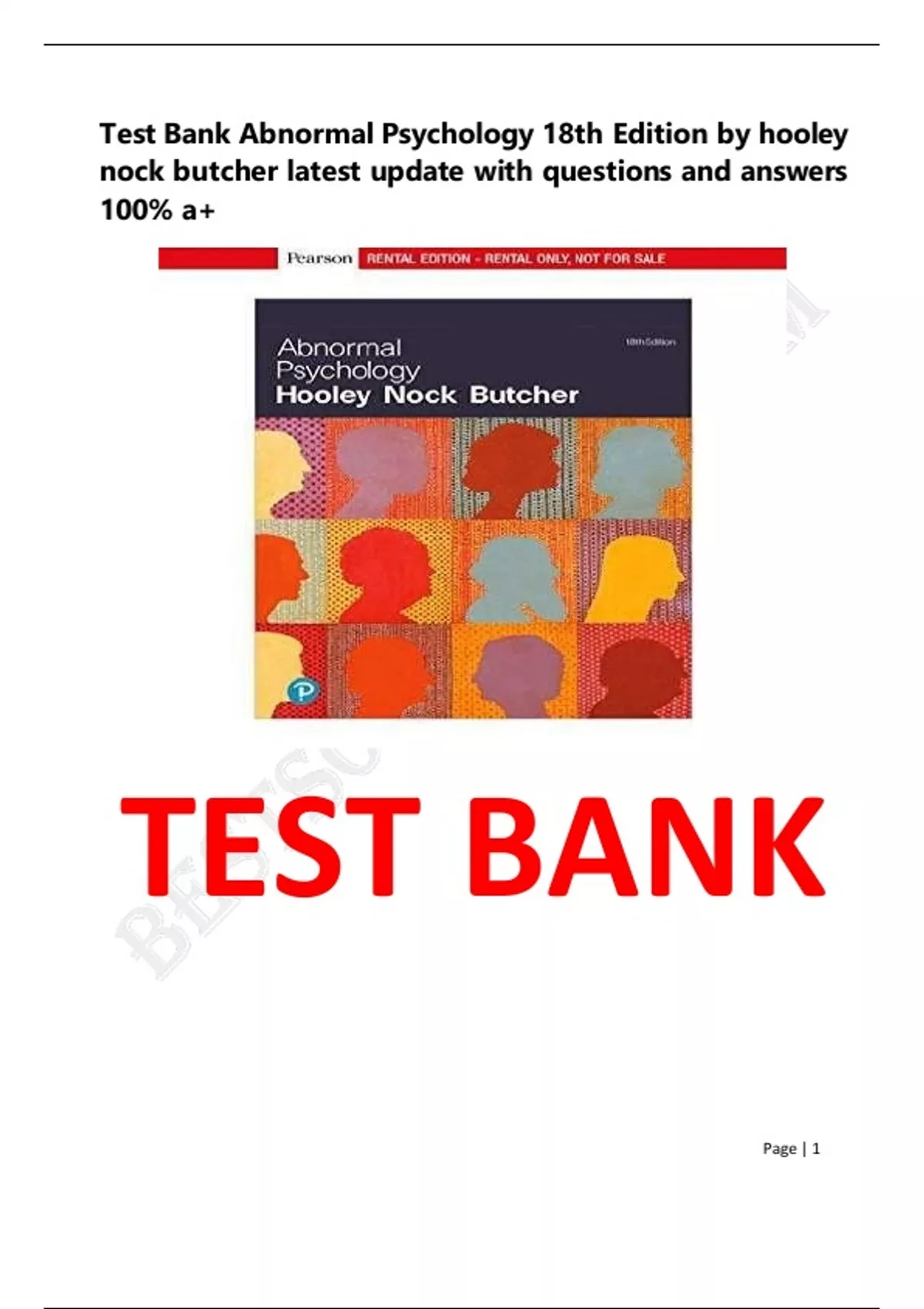 Test Bank Abnormal Psychology 18th Edition by Hooley|| Nock|| Butcher ...