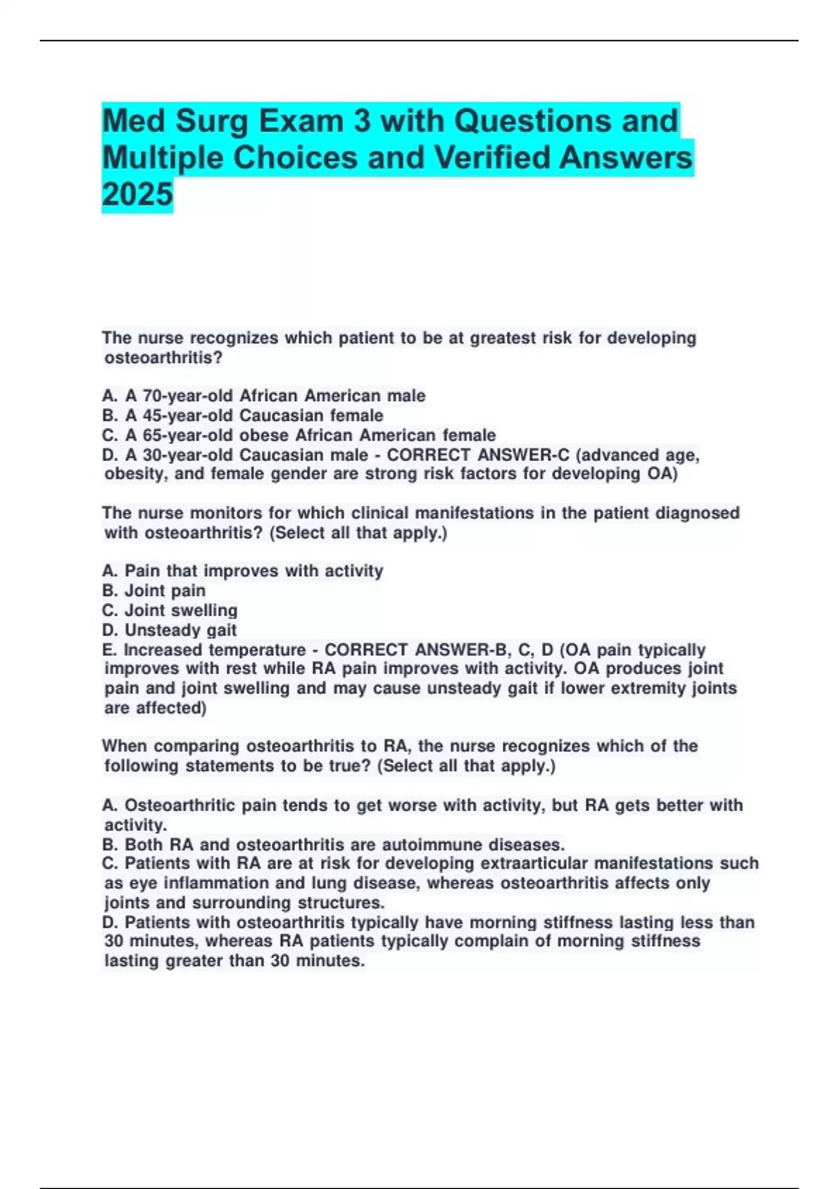 Med Surg Exam 3 with Questions and Multiple Choices and Verified ...