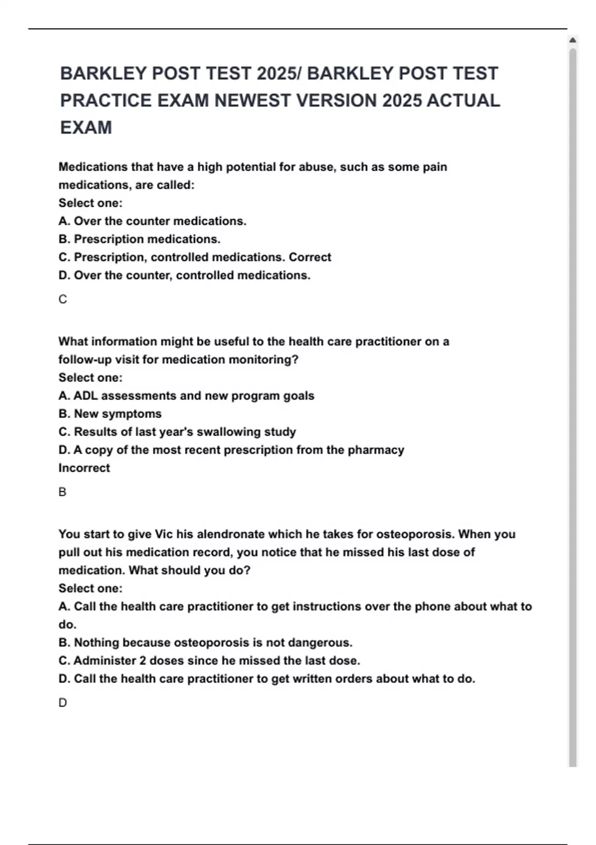 BARKLEY POST TEST 2025/ BARKLEY POST TEST PRACTICE EXAM NEWEST VERSION ...