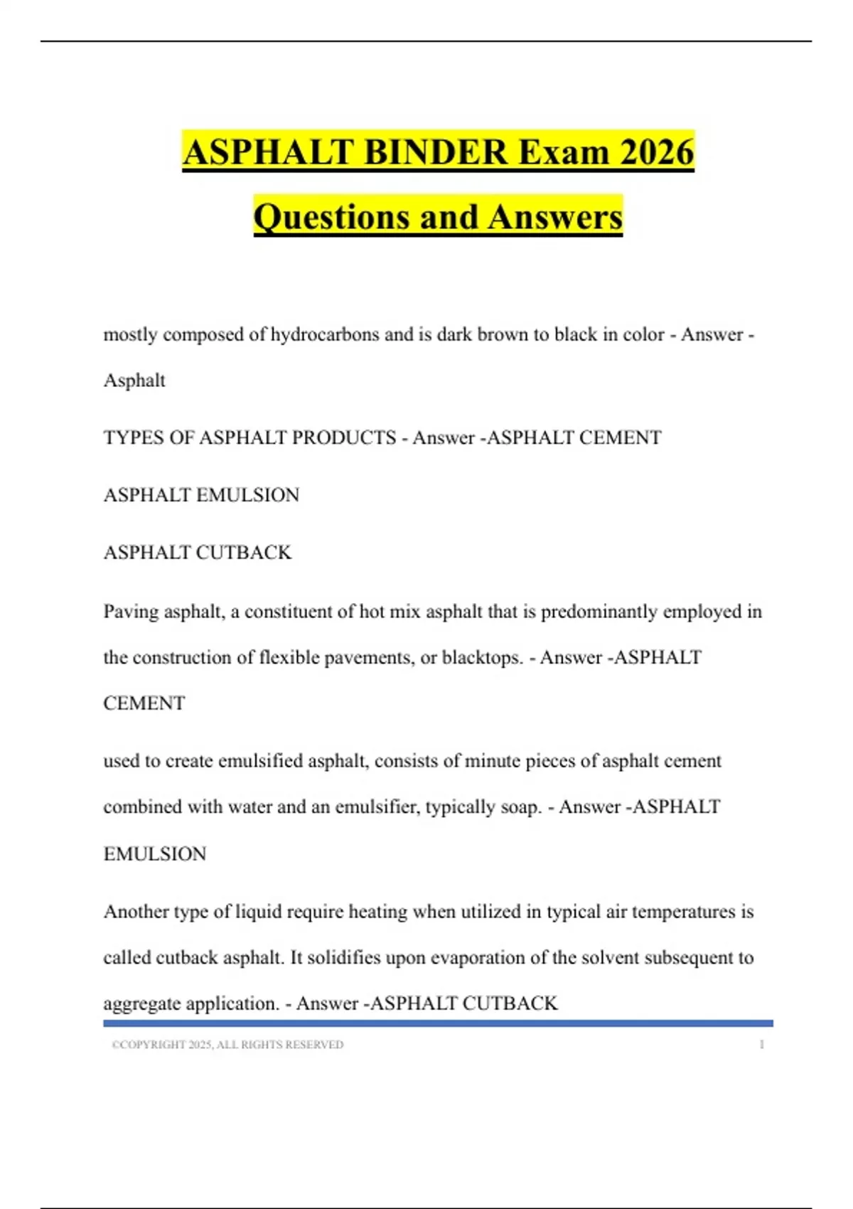 ASPHALT BINDER Exam 2026 Questions and Answers - Asphalt Field - Stuvia US