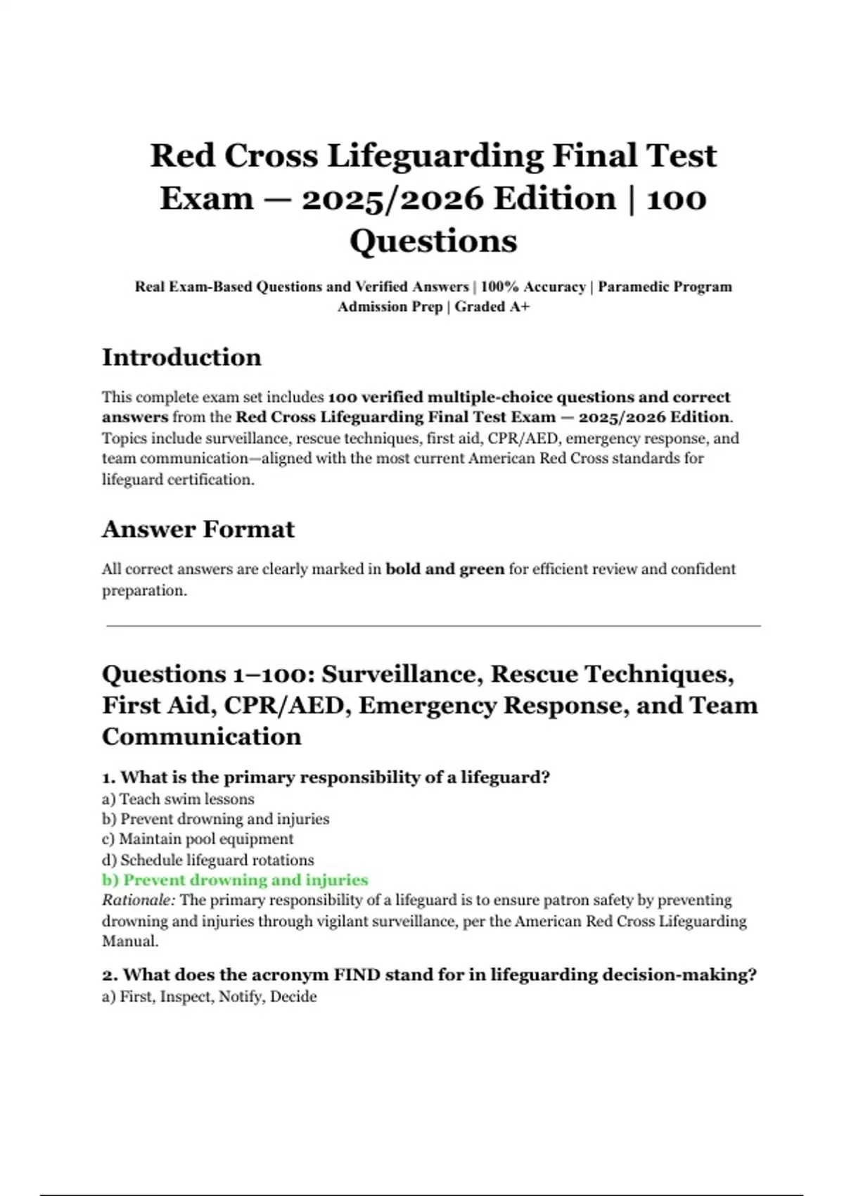 Red Cross Lifeguarding Final Test Exam — 2025/2026 Edition | 100 ...