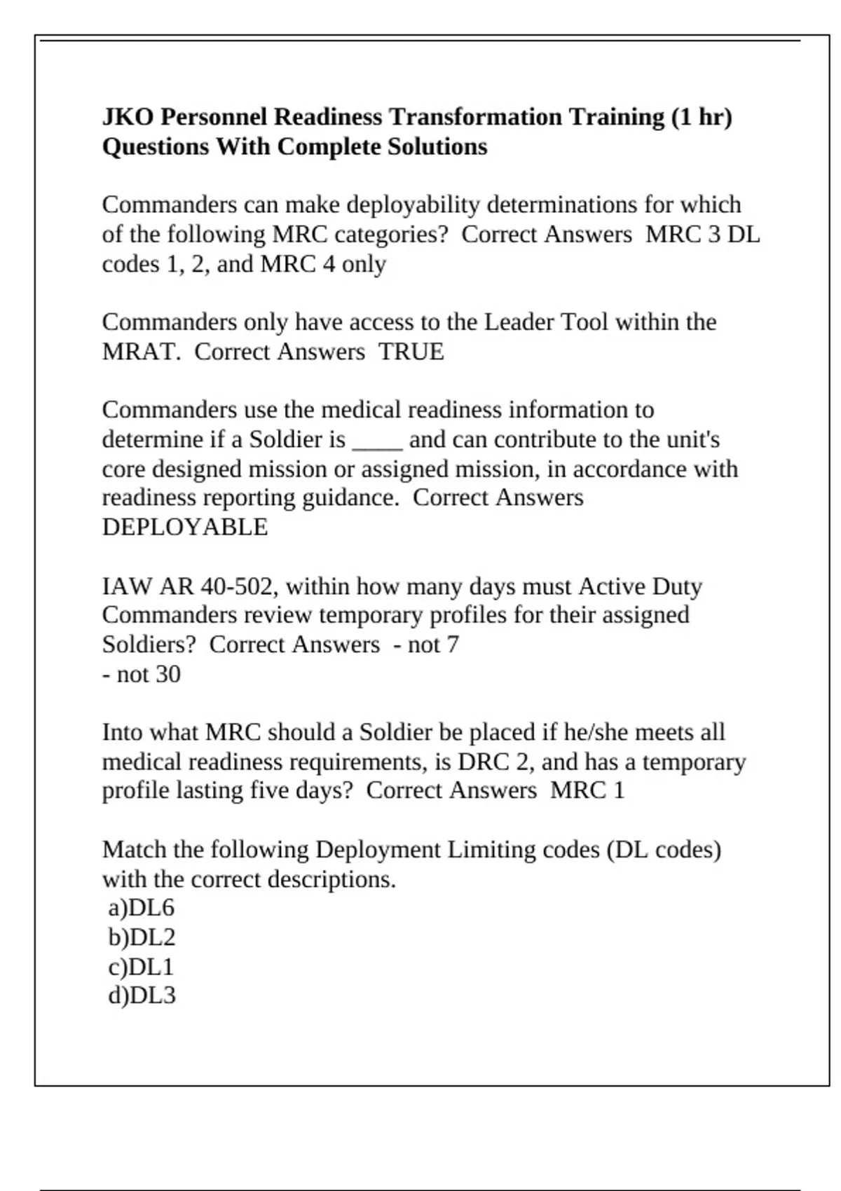 JKO Personnel Readiness Transformation Training (1 hr) Questions With Complete Solutions - JKO ...