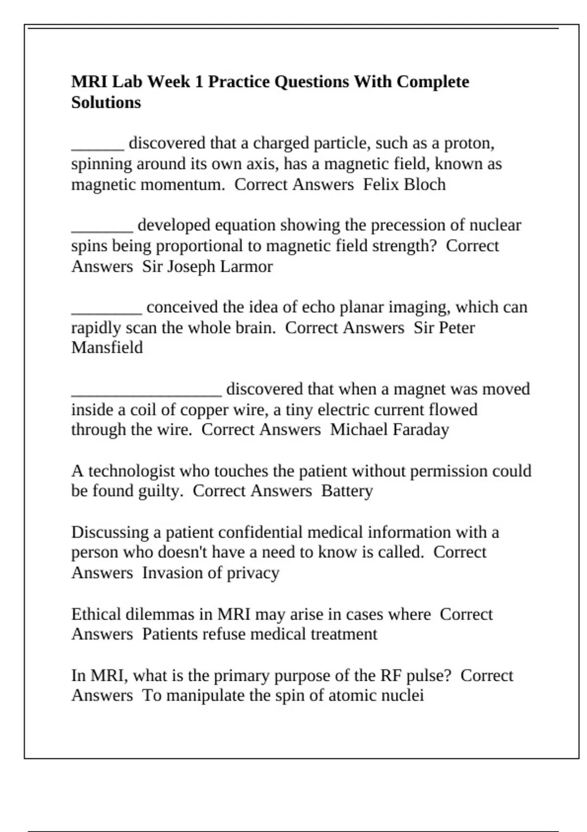MRI Lab Week 1 Practice Questions With Complete Solutions - Mri - Stuvia US