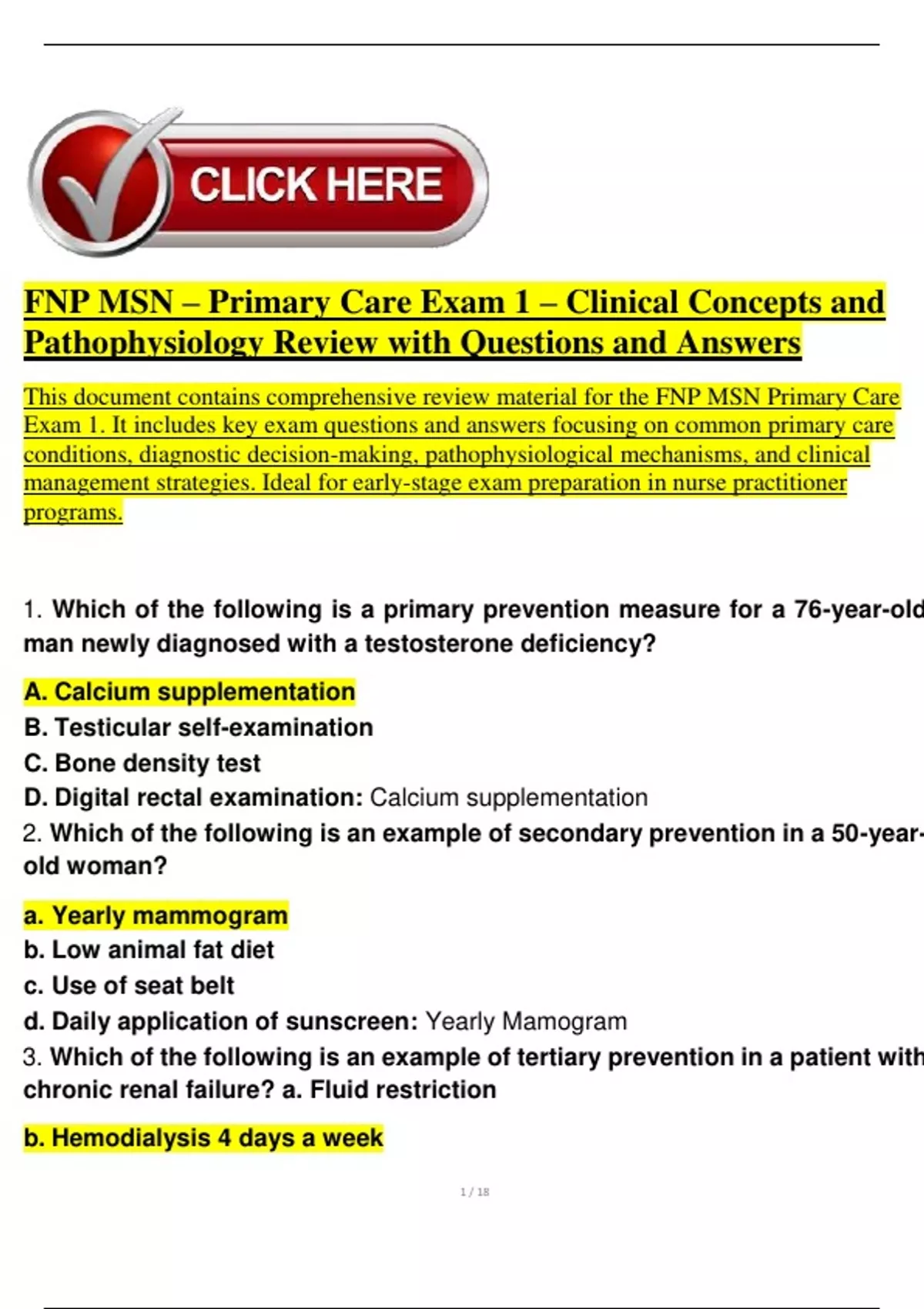 FNP MSN – Primary Care Exam 1 – Clinical Concepts and Pathophysiology ...