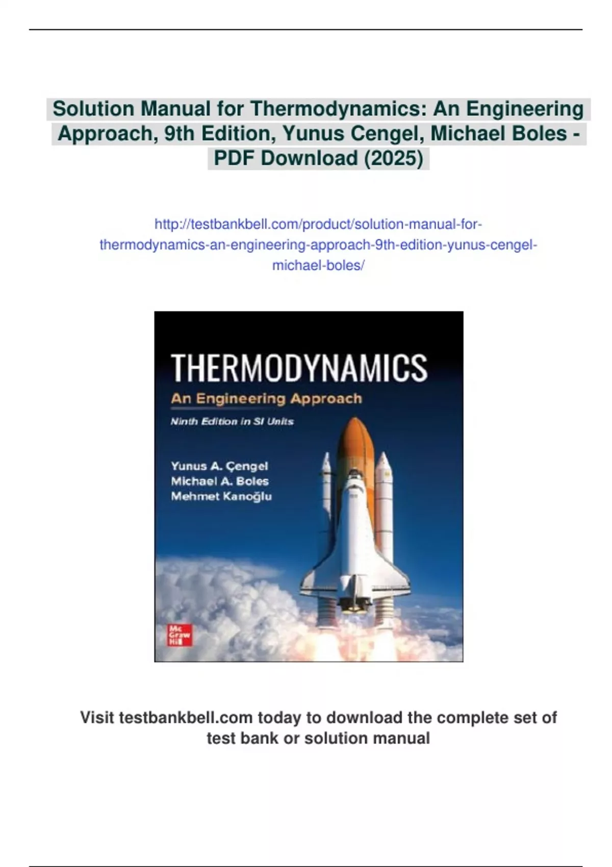 Summary Solution Manual for Thermodynamics: An Engineering Approach, 9th Edition, Yunus Cengel ...